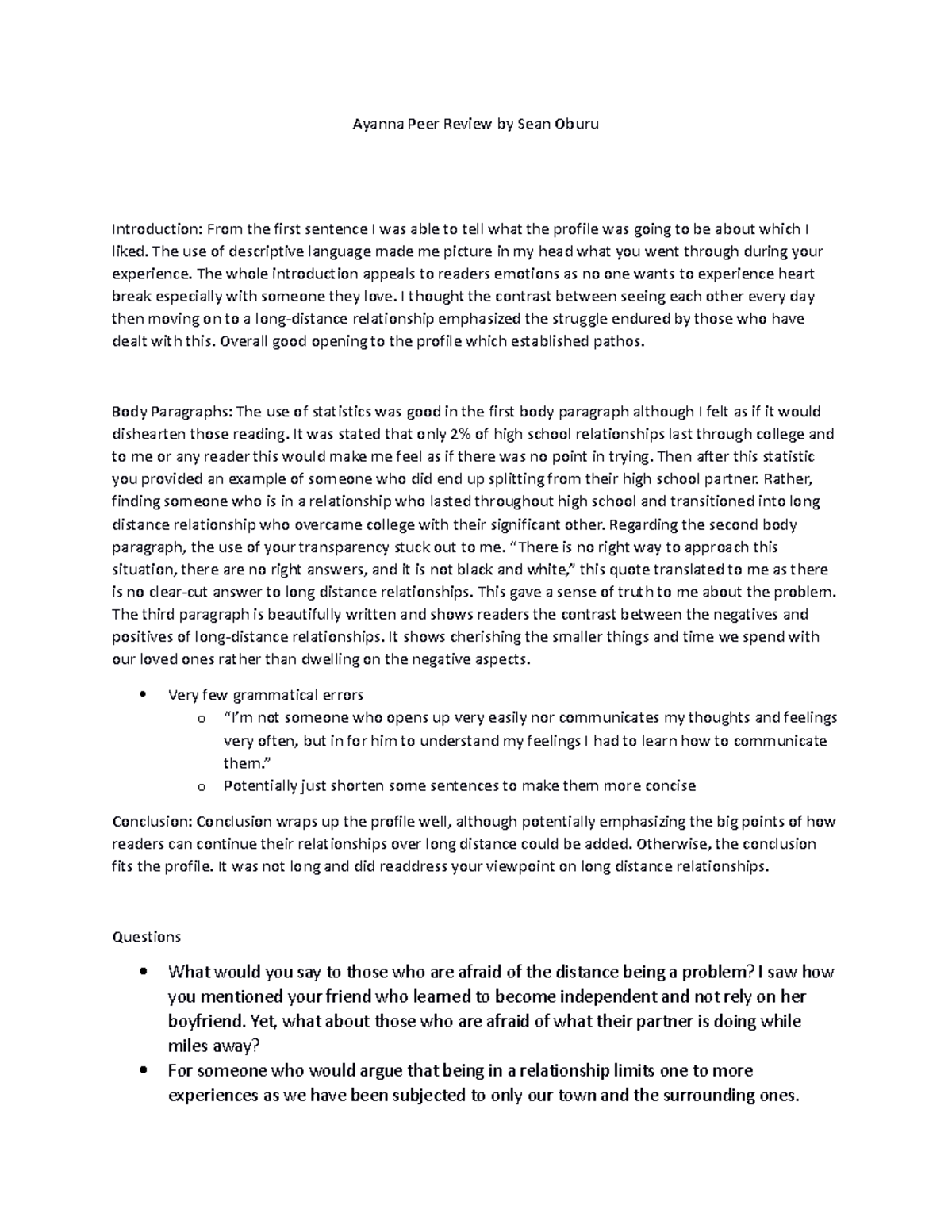 peer review for course - Ayanna Peer Review by Sean Oburu Introduction ...