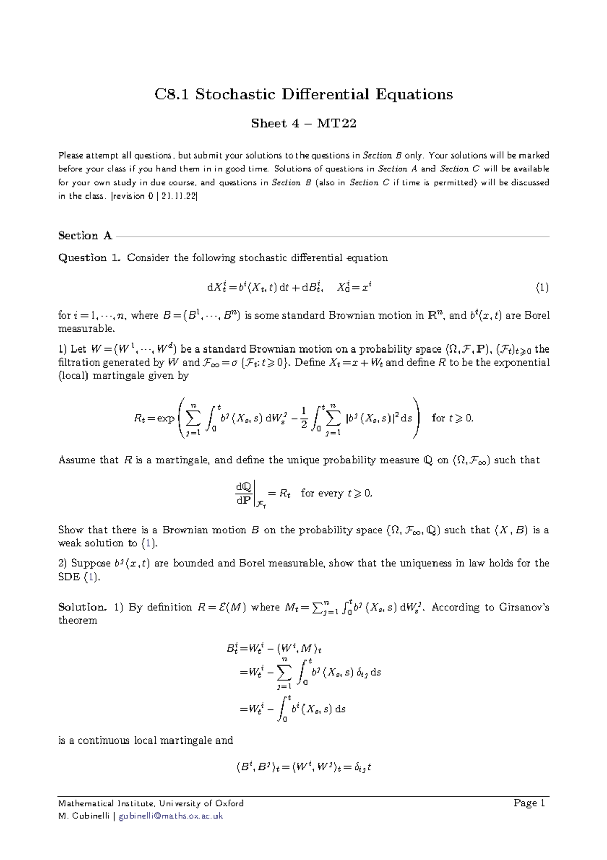 C8 1 problem sheet 4 with sol - C8 Stochastic Differential Equations Sheet 4 – MT Please attempt ...