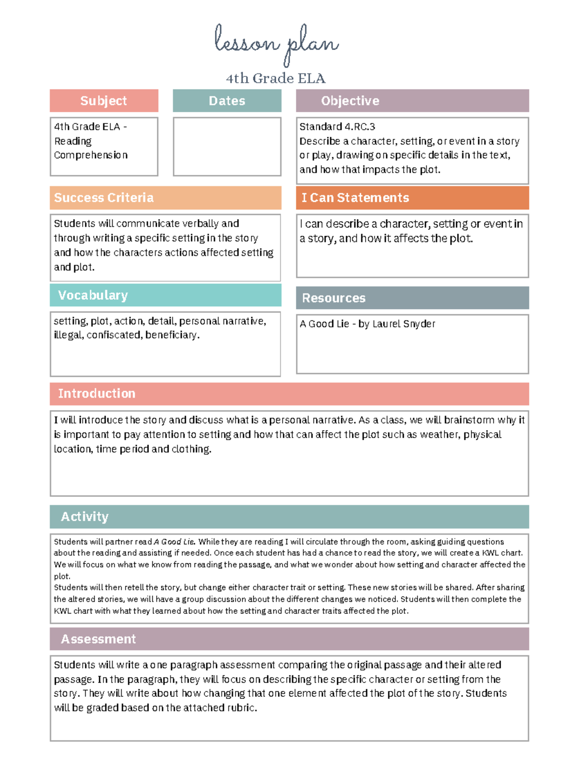 ELA reading comp lesson plan - lesson plan 4th Grade ELA 4th Grade ELA ...