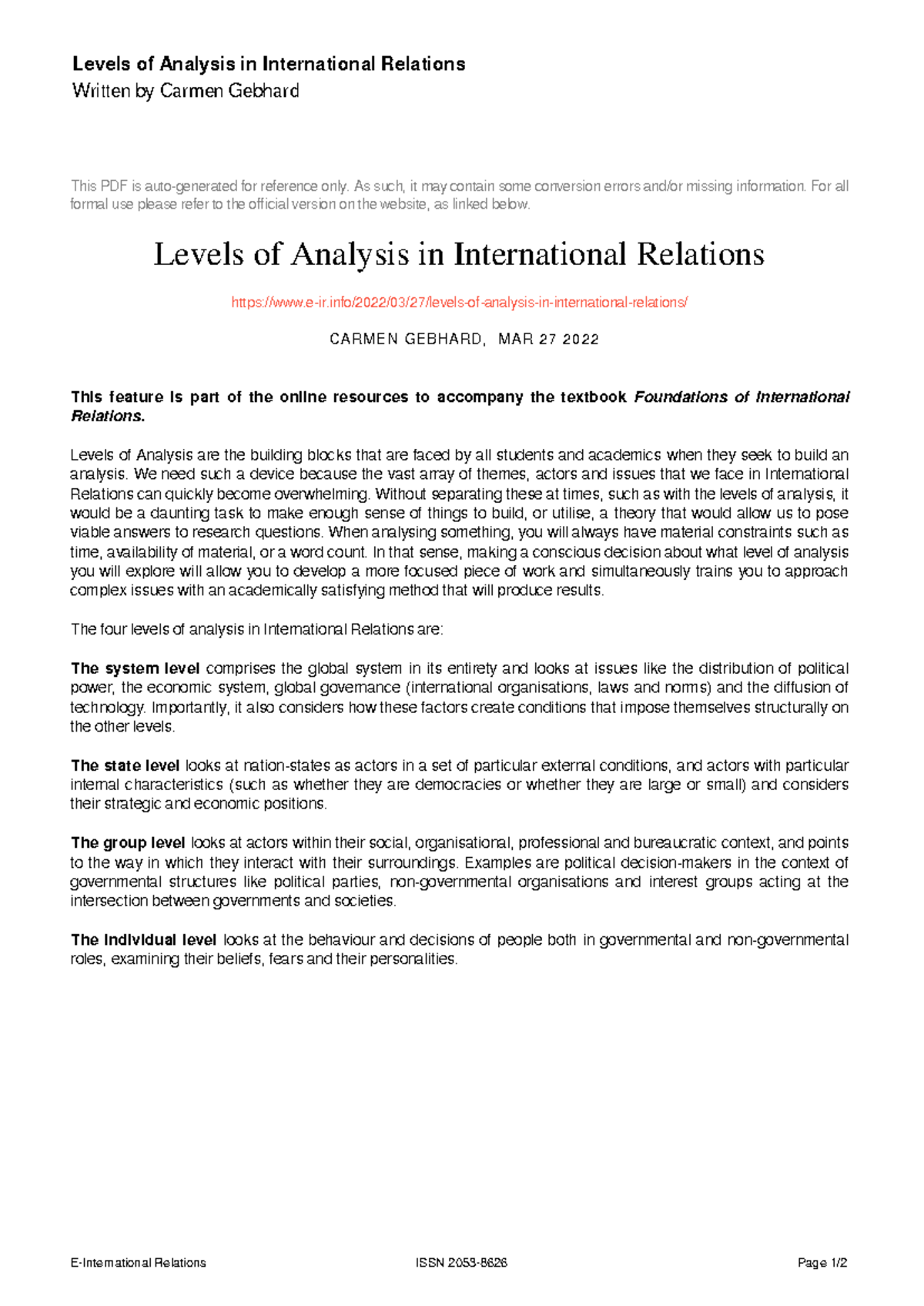 Levels of Analysis in International Relations - As such, it may contain ...