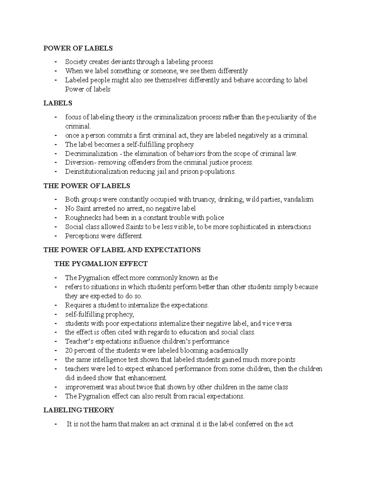 Power OF Labels Notes 1 - POWER OF LABELS Society creates deviants ...