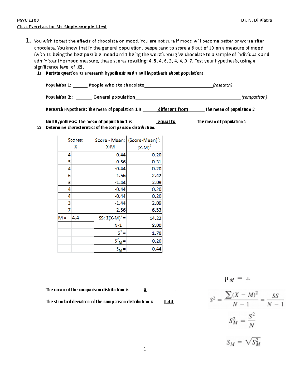 7a. Class worksheet w answers - Class Exercises for 5b. Single-sample t ...