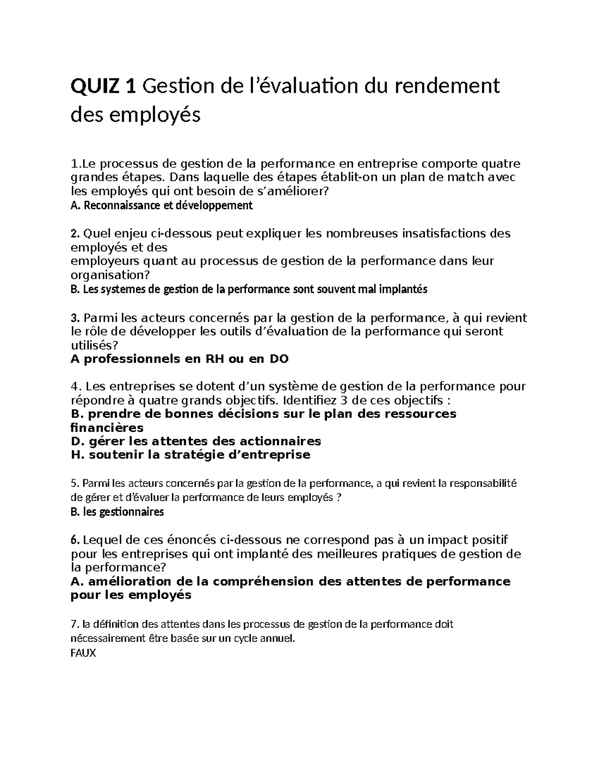 QUIZ 1gestion de l'evaluation du rendement des employesdocx - QUIZ 1 ...