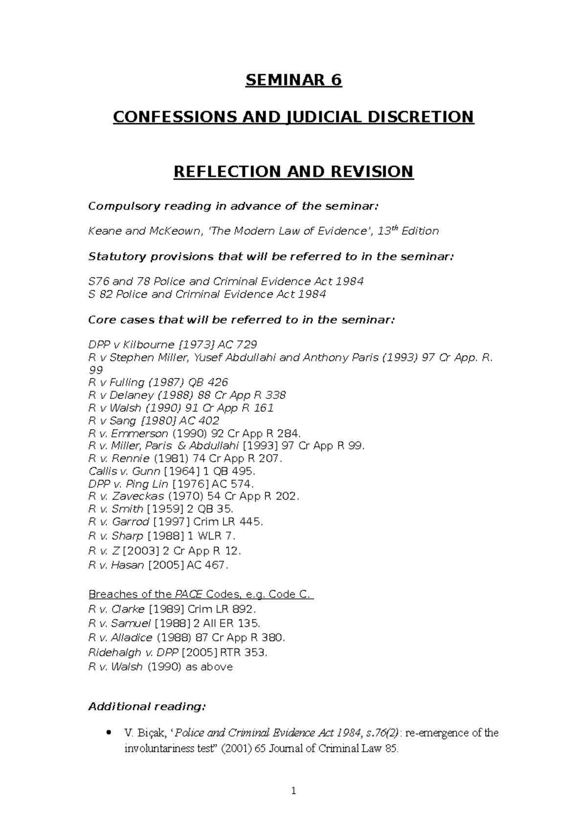 Seminar 6 confessions crim evidence - SEMINAR 6 CONFESSIONS AND ...