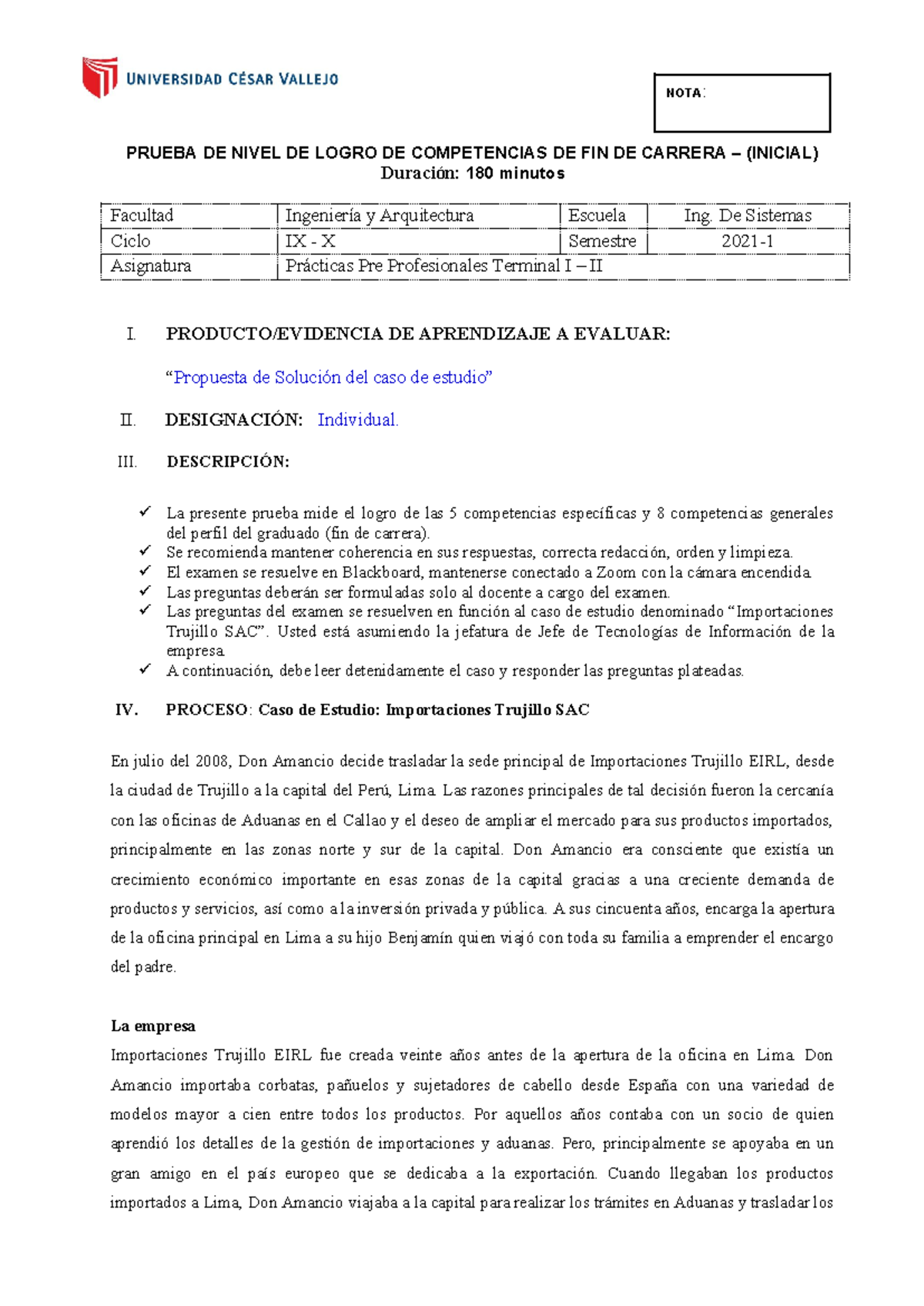 Examen PLC IV Nivel Inicio version final 1 - PRUEBA DE NIVEL DE LOGRO DE COMPETENCIAS DE FIN DE ...