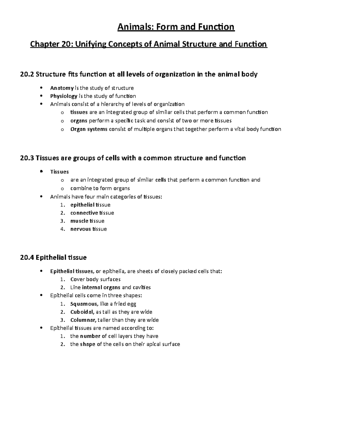 Chapter 20 - Animals: Form and Function Chapter 20: Unifying Concepts of Animal Structure and ...