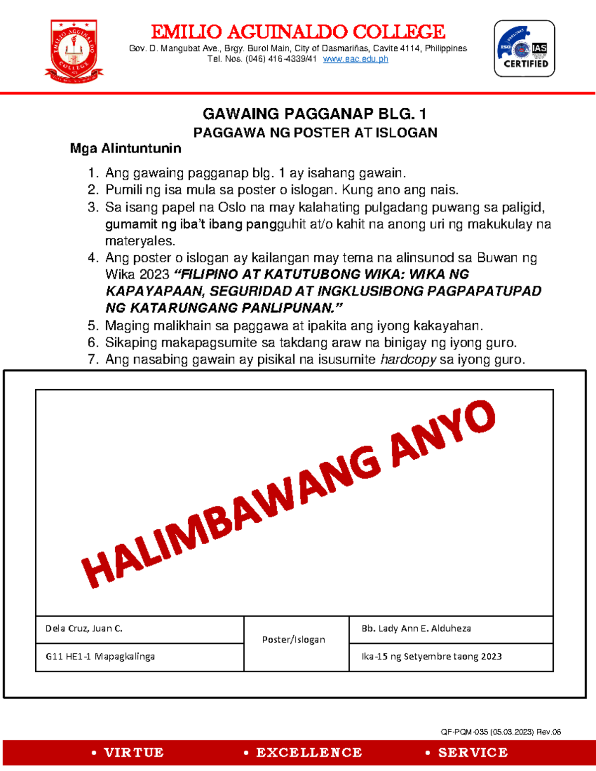 PT1 Paggawa ng Poster Islogan-2 - EMILIO AGUINALDO COLLEGE Gov. D ...