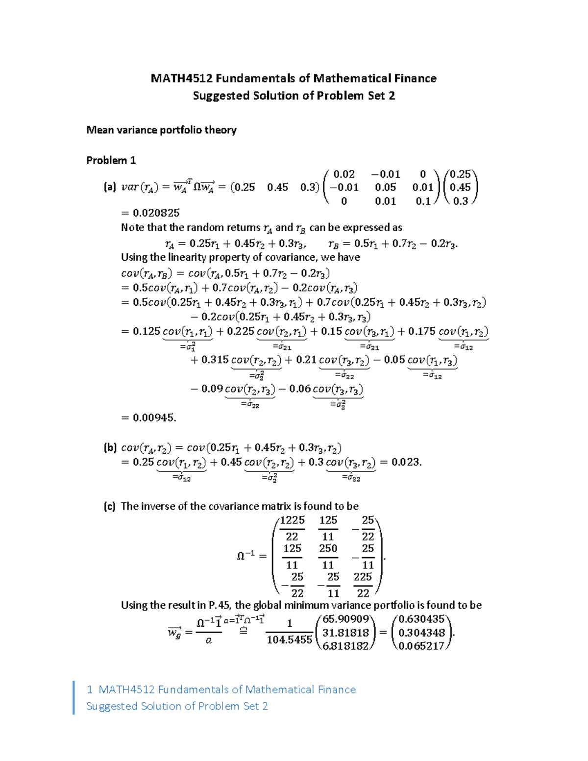 MATH4512 Problem 2 Solution - Fundamentals of Mathematical Finance ...
