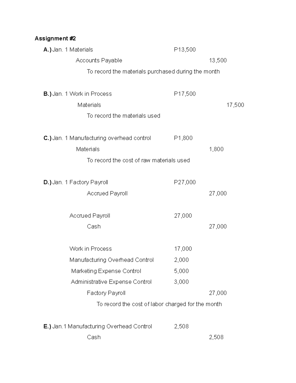 Assignment for Cost Accounting - Assignment A.) Jan. 1 Materials P13 ...