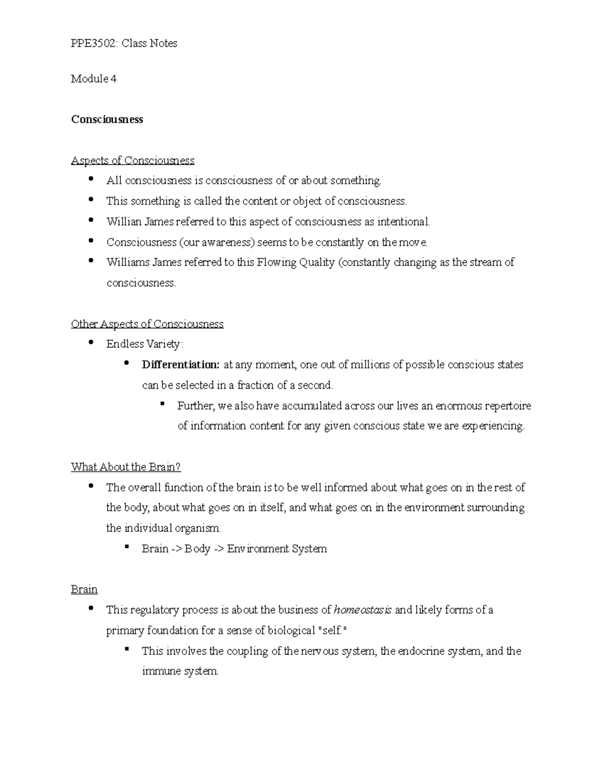 PPE3502-Module 4Notes - PPE3502: Class Notes Module 4 Consciousness ...
