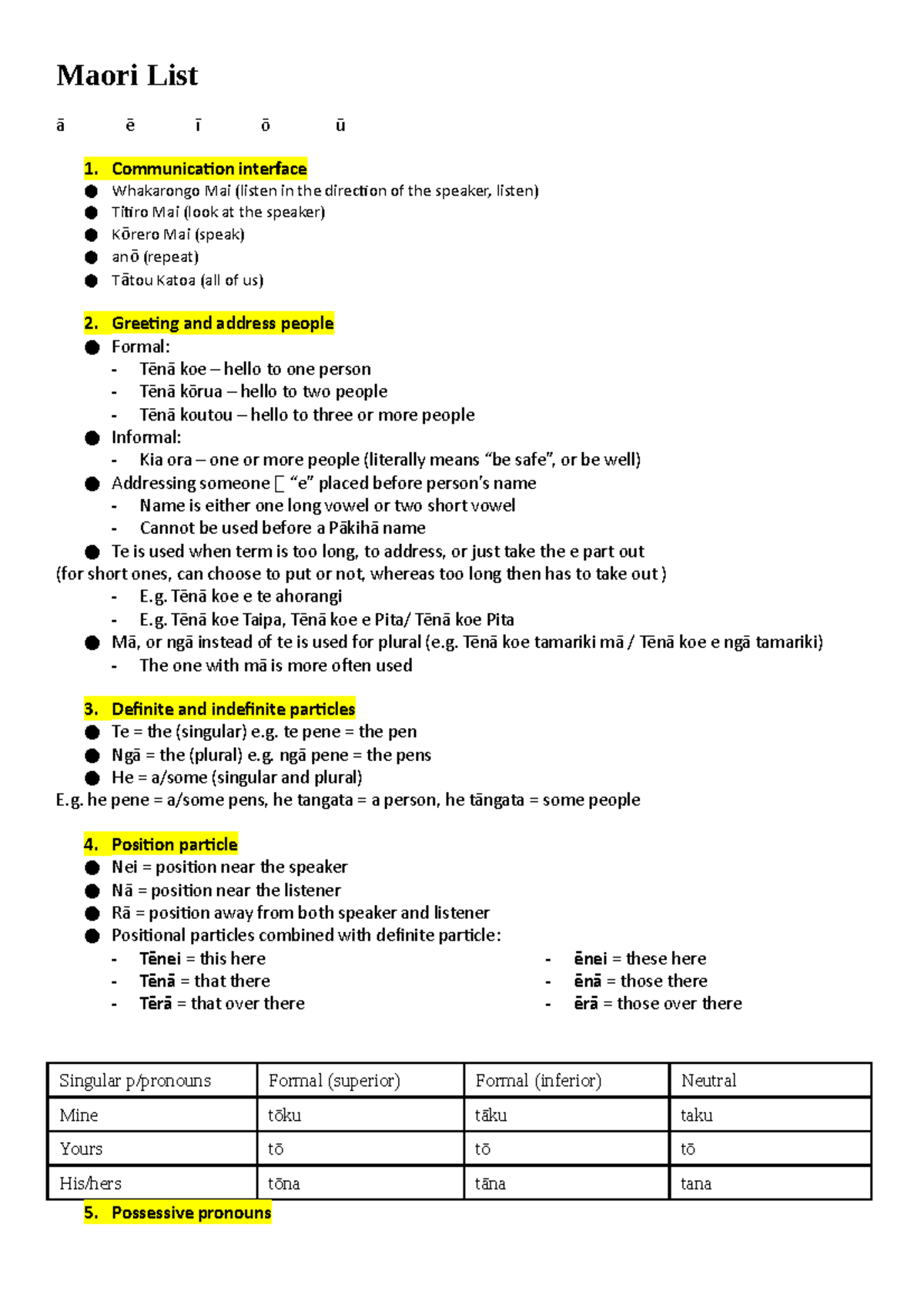 Maori 110 - Wanli Notes - Maori List ā ē ī ō ū Communication interface ...