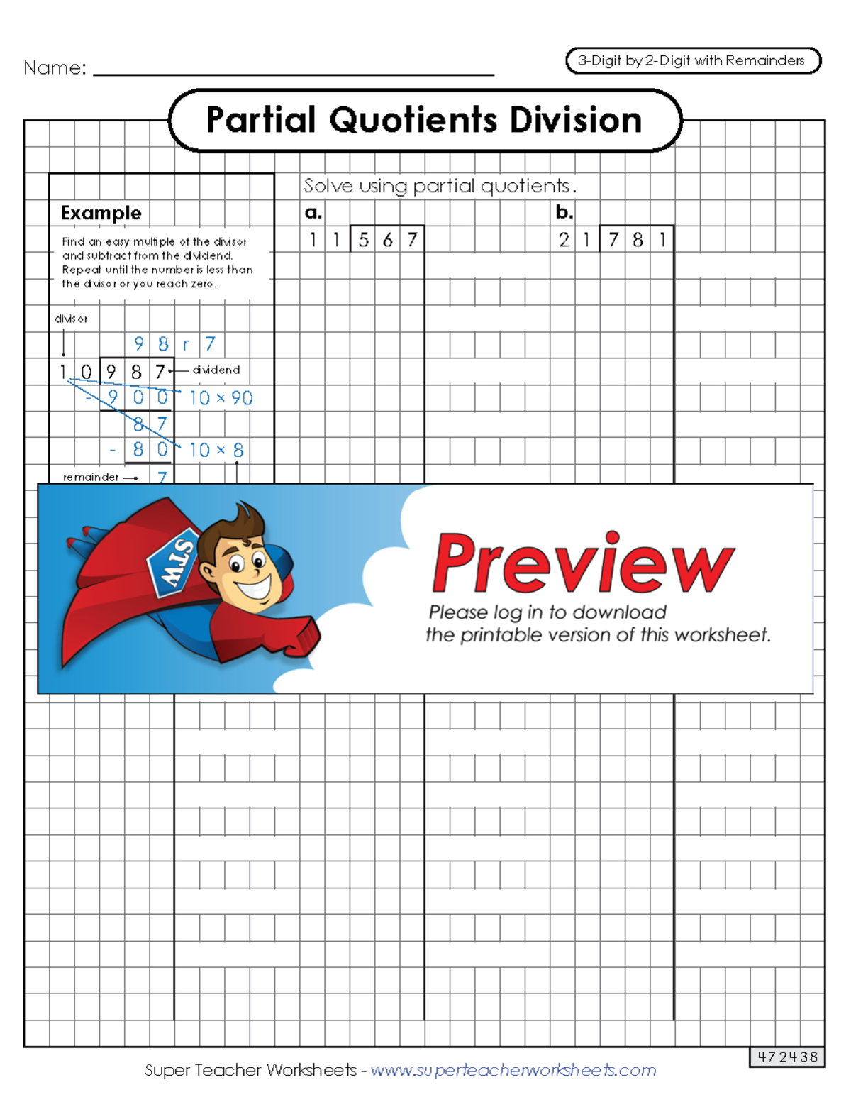 Partial quotient division 3 by 2 digit graph remainders - Name: Example ...