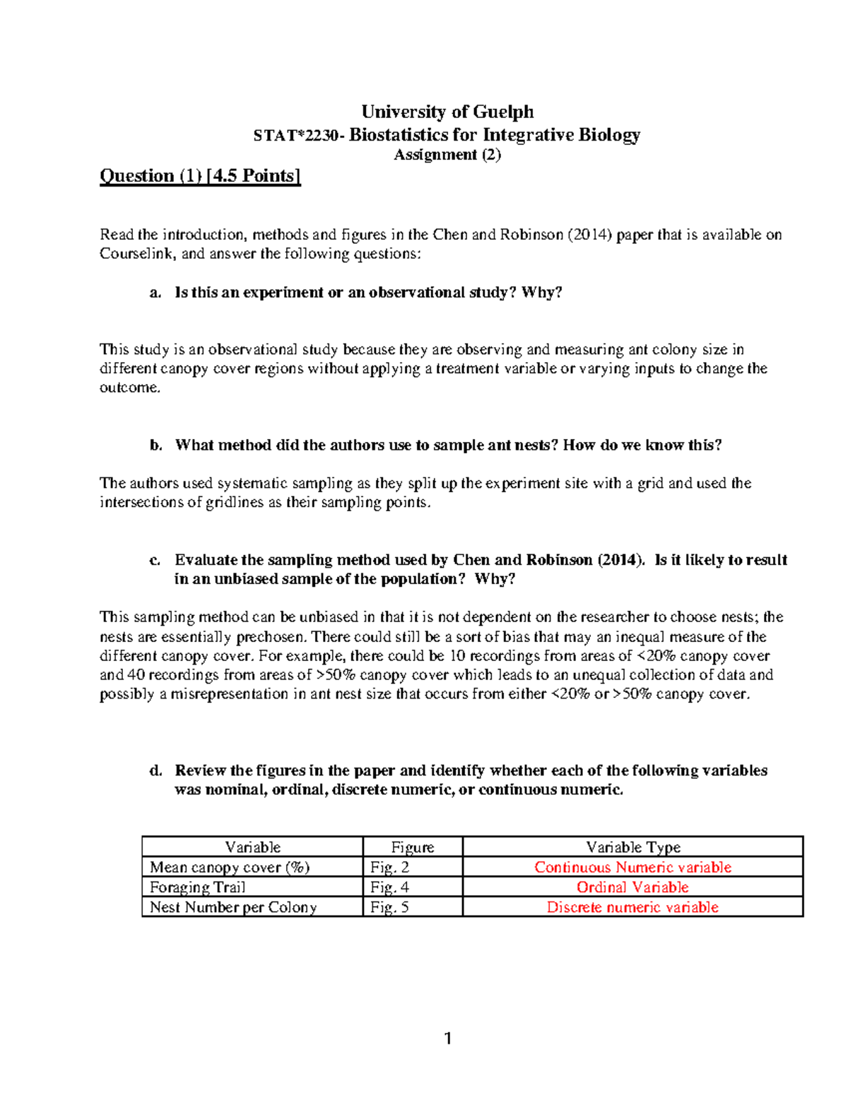 STAT2230 Assignment 2 - University of Guelph STAT*2230- Biostatistics ...