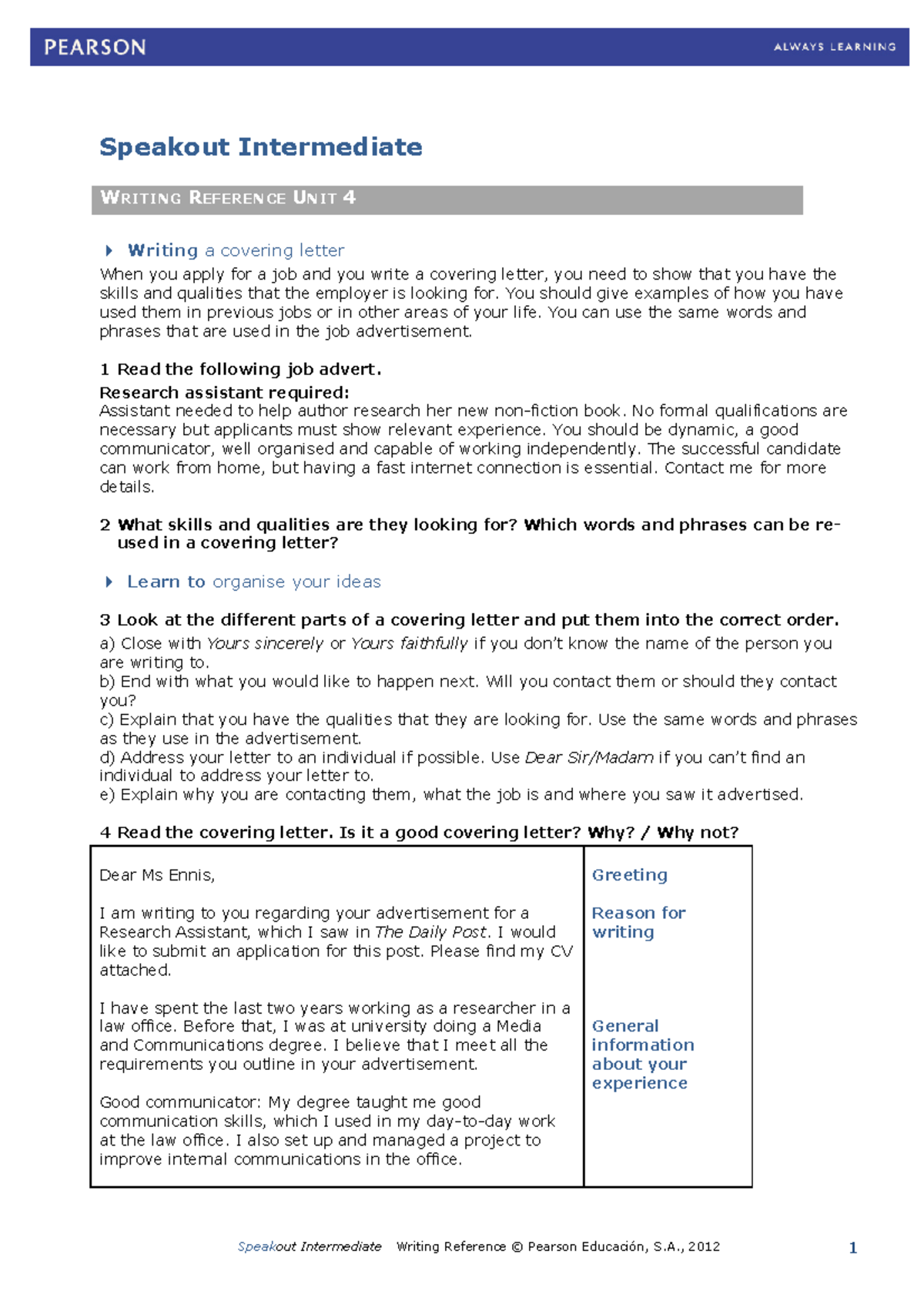 Homework - Cover letter - Speakout Intermediate Writing Reference ...