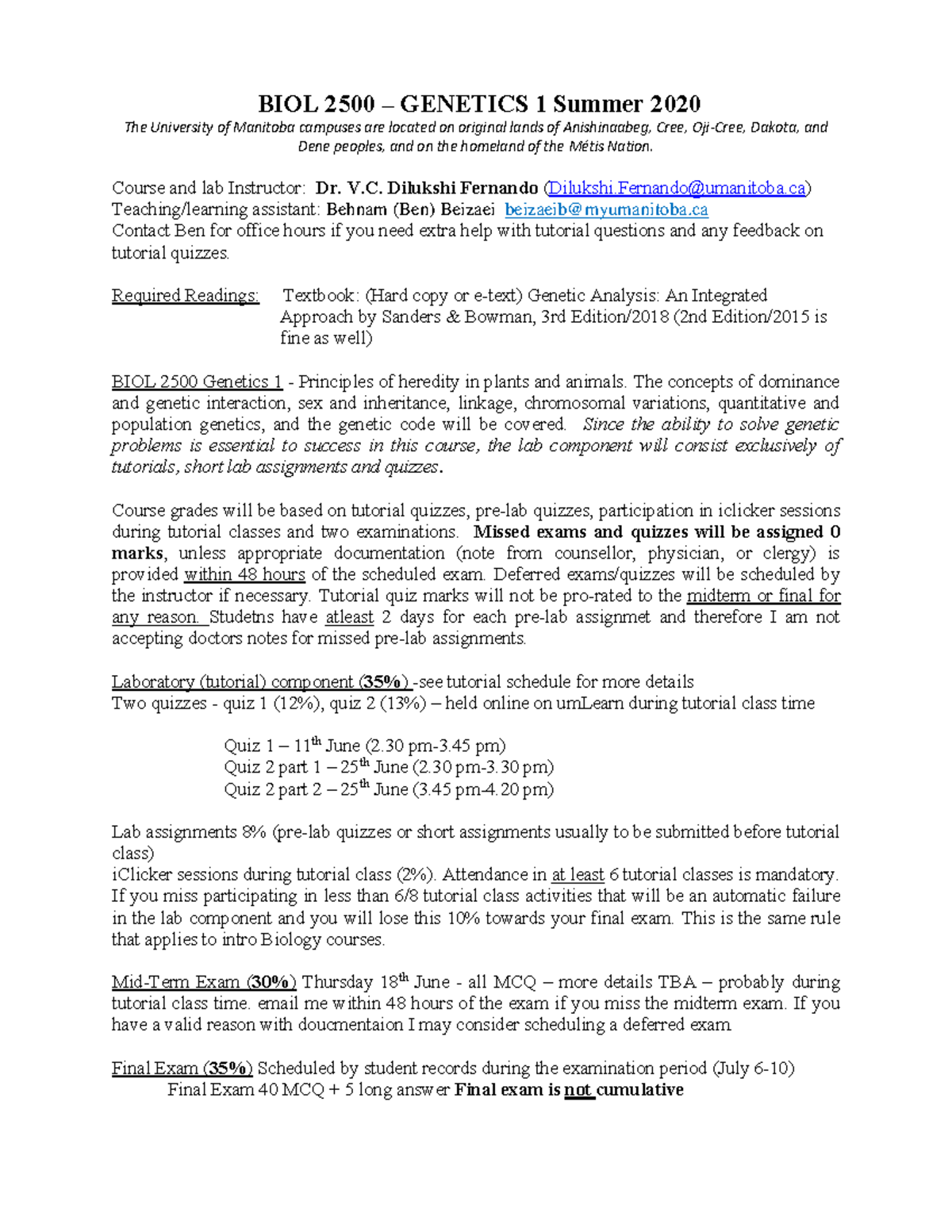 BIOL2500 course outline S20 - Warning: TT: undefined function: 32 BIOL 2500 – GENETICS 1 Summer ...