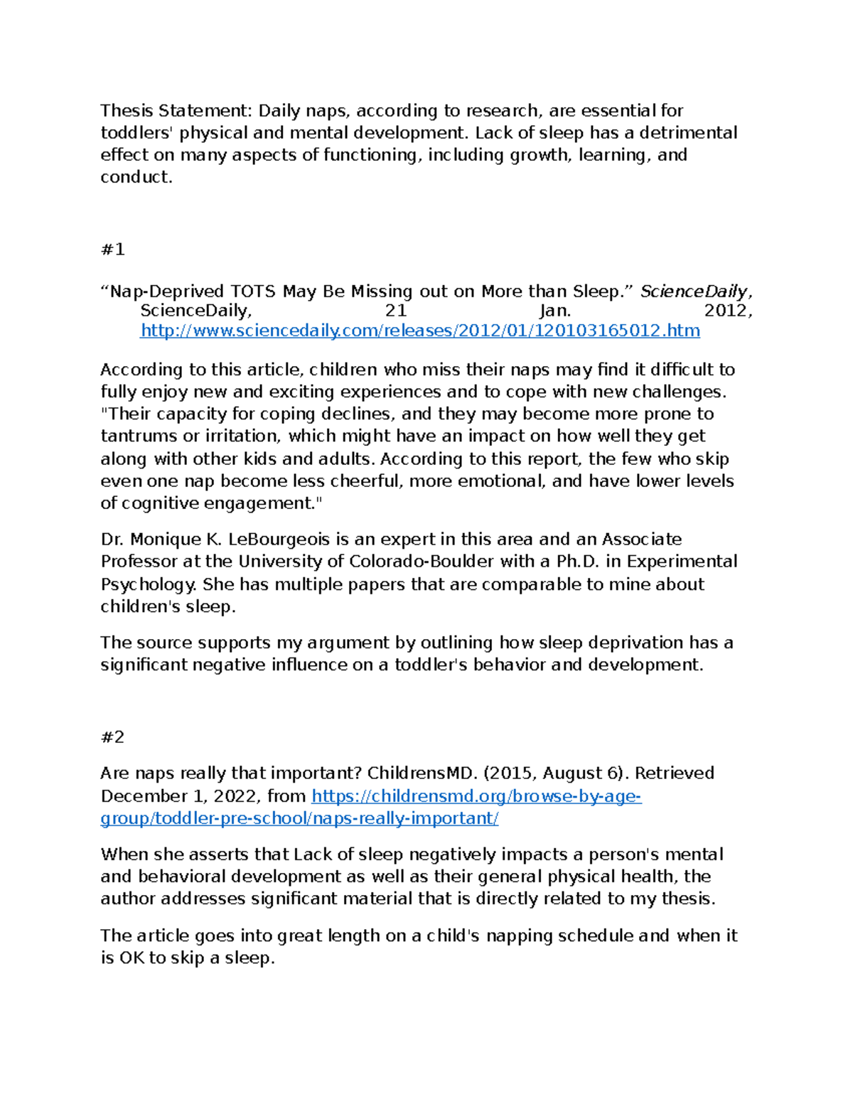 C456 Task 1 - n/a - Thesis Statement: Daily naps, according to research ...