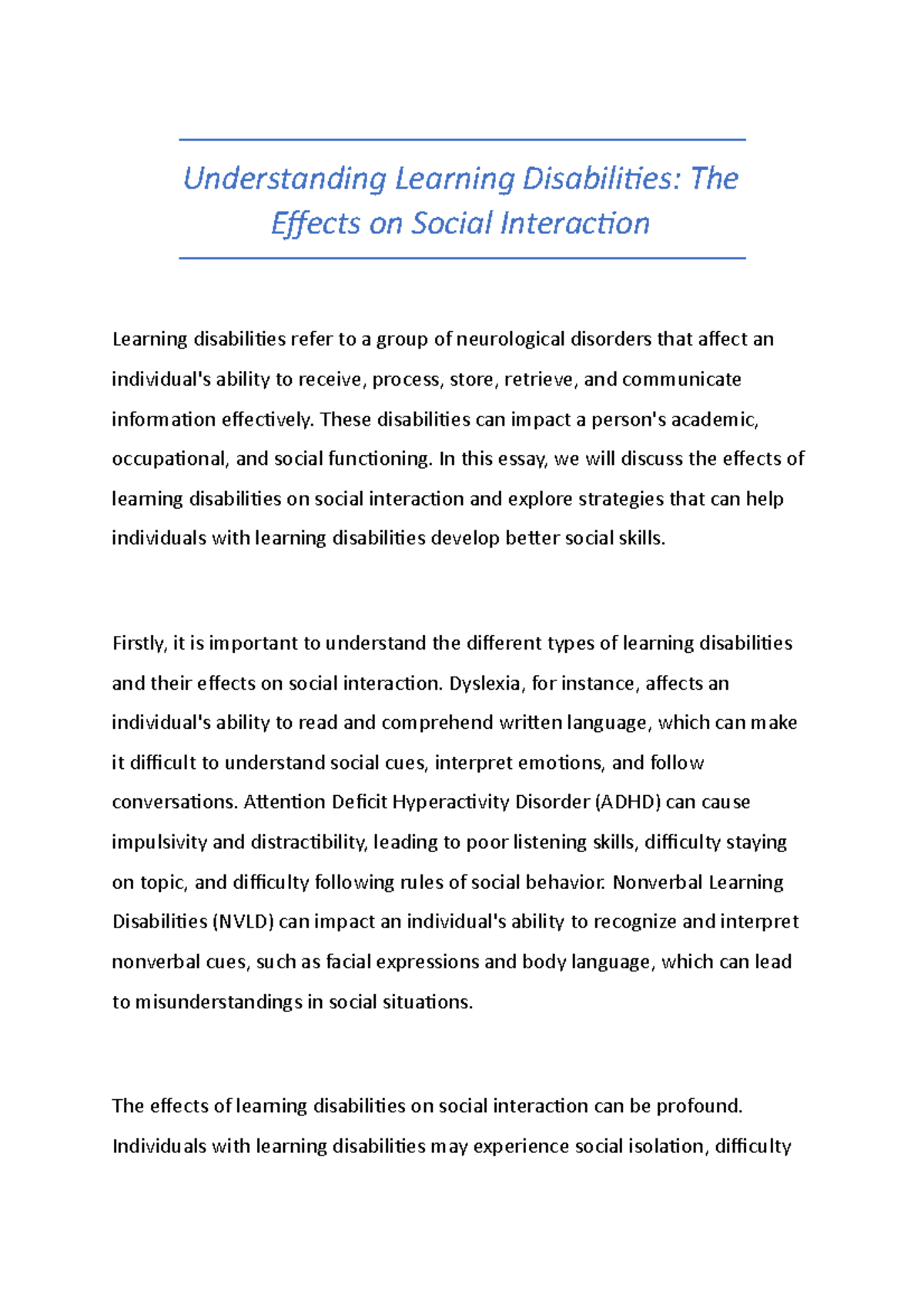 Understanding Learning Disabilities, The Effects on Social Interaction ...