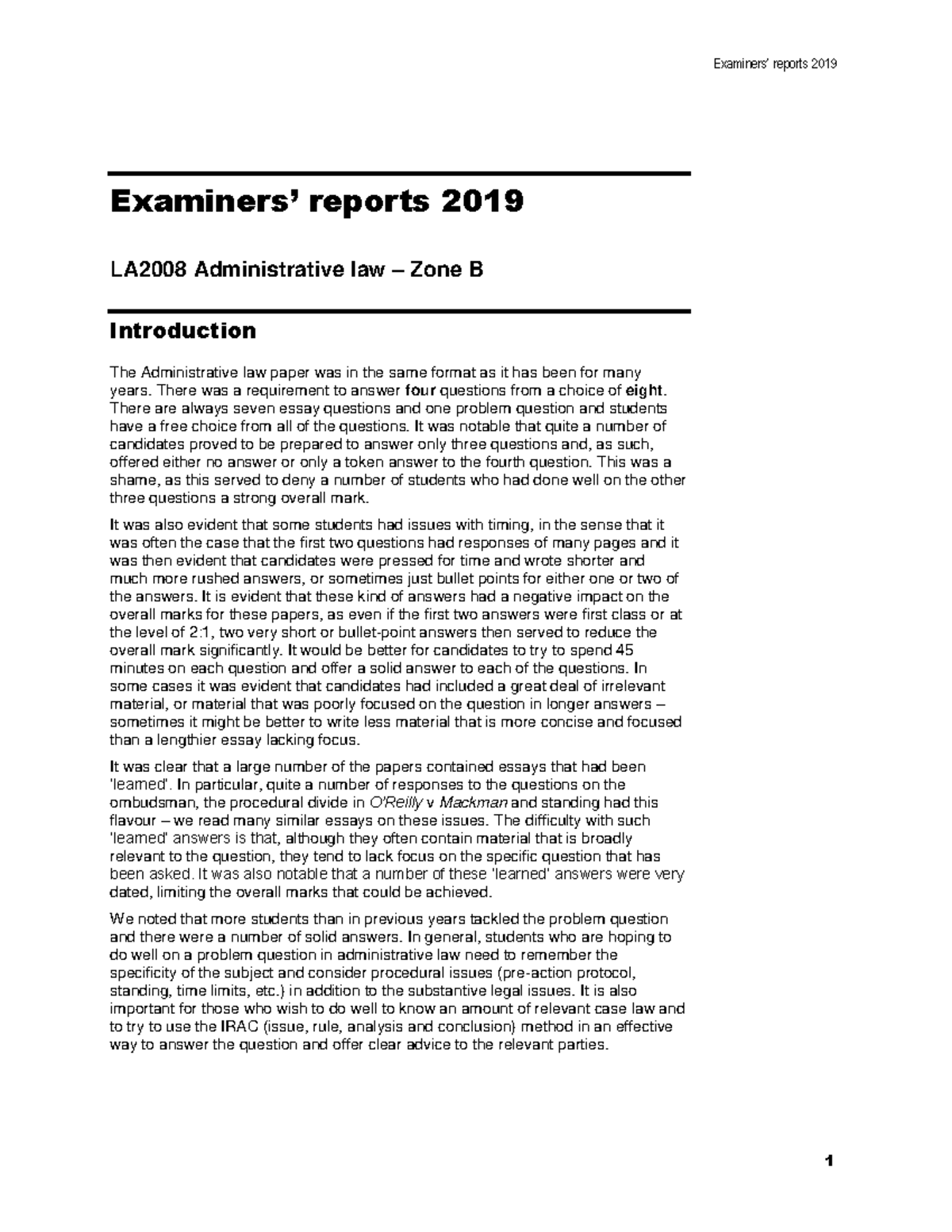 Admin report 2019 B - past paper - Examiners’ reports 2019 Examiners’ reports 2019 LA2008 - Studocu