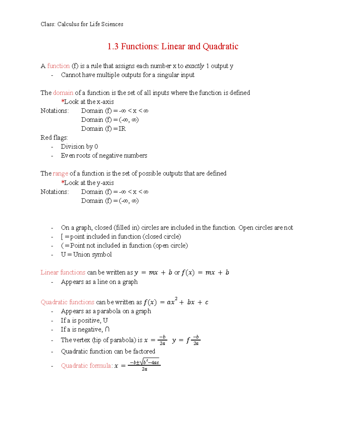 1.3 Functions Linear and Quadratic - Google Docs - Class: Calculus for ...