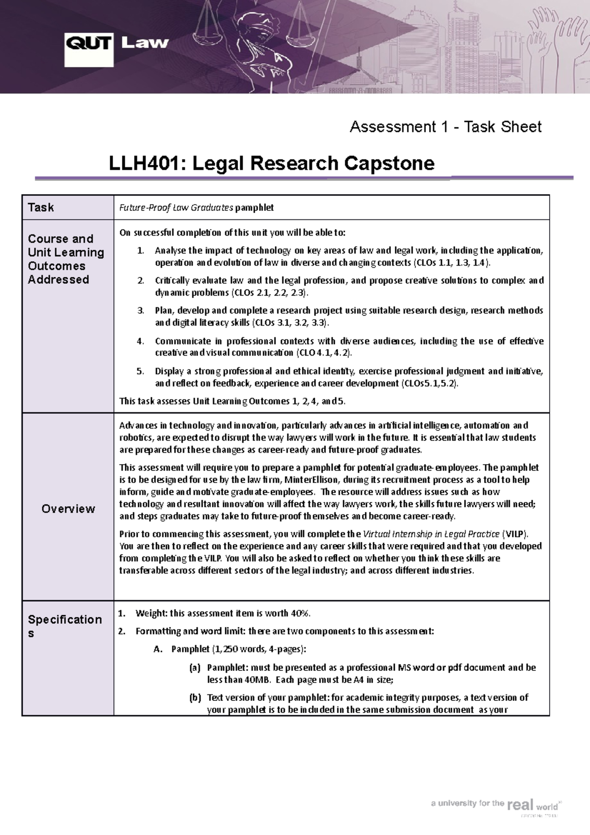 Amended LLH401 TASK Sheet & Assessment Criteria FOR Assessment 1 - Assessment 1 - Task Sheet ...
