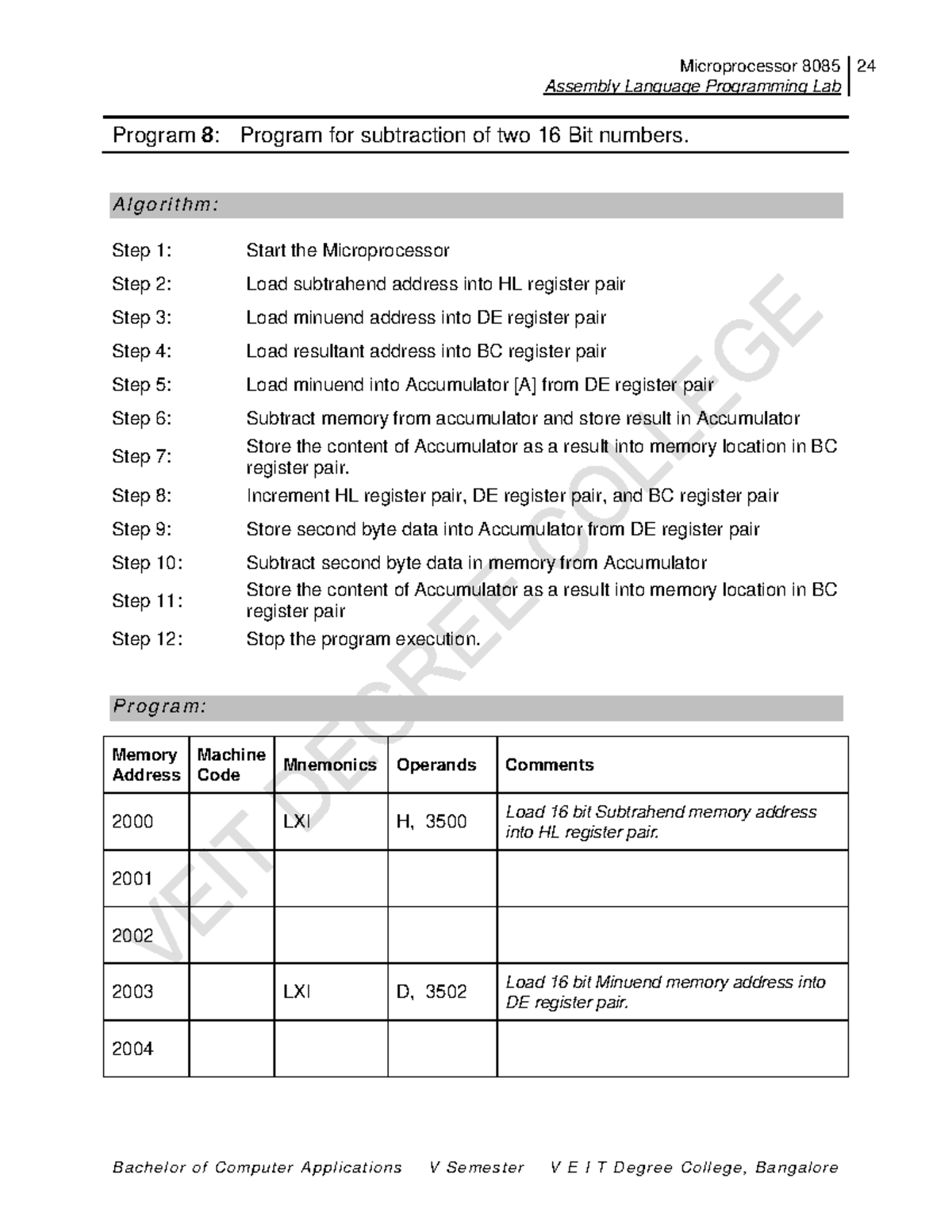 Program 8 Microprocessor 8085 24 Assembly Language Programming Lab Program 8 Program For 8788