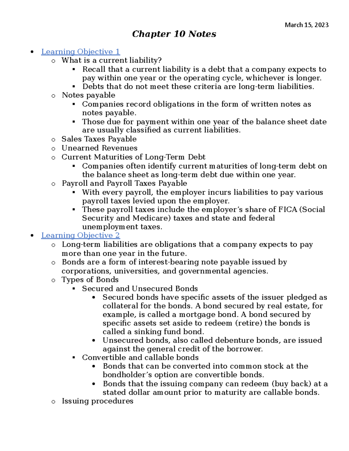 Chapter 10 Notes - Chapter 10 Notes Learning Objective 1 o What is a ...