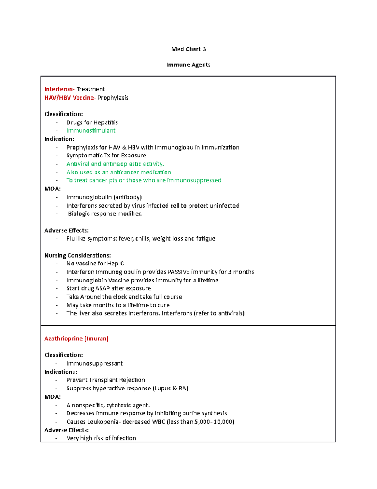 Med Chart 3 Immune Agents - Med Chart 3 Immune Agents Interferon ...