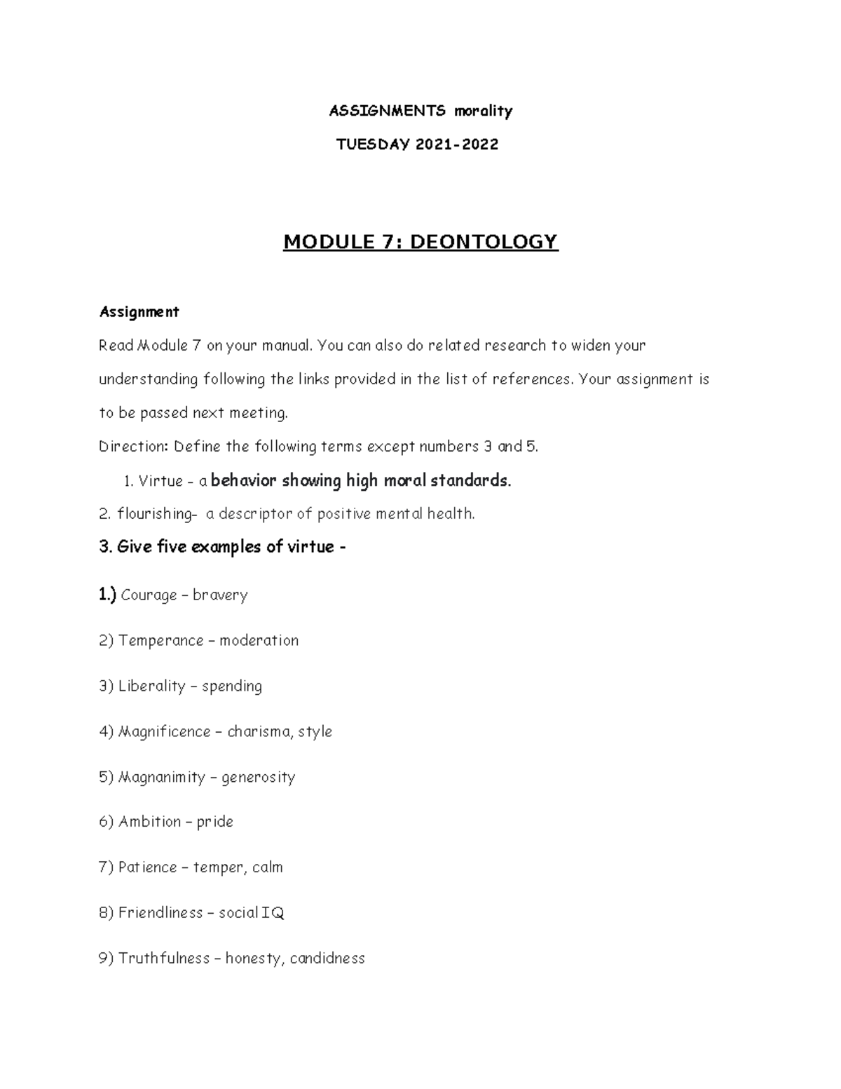 Assignments in ethics - ASSIGNMENTS morality TUESDAY 2021- MODULE 7 ...