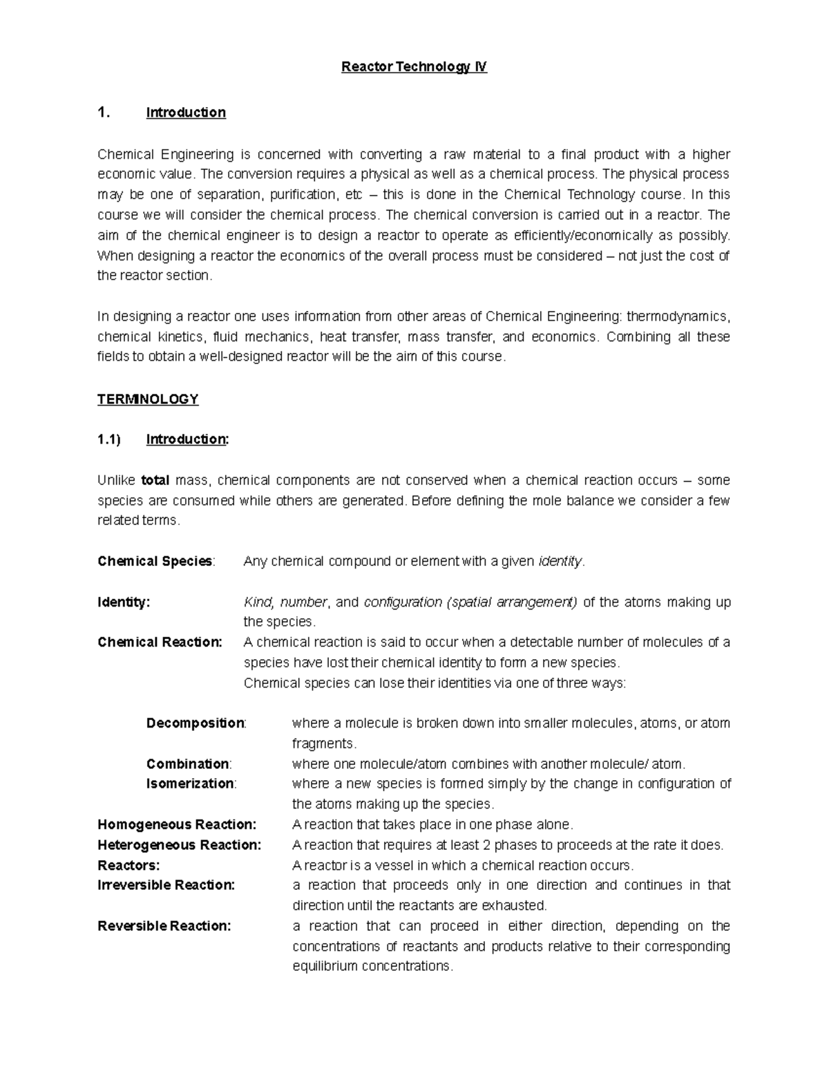 Introductory Notes Reaction engineering technology - Reactor Technology ...