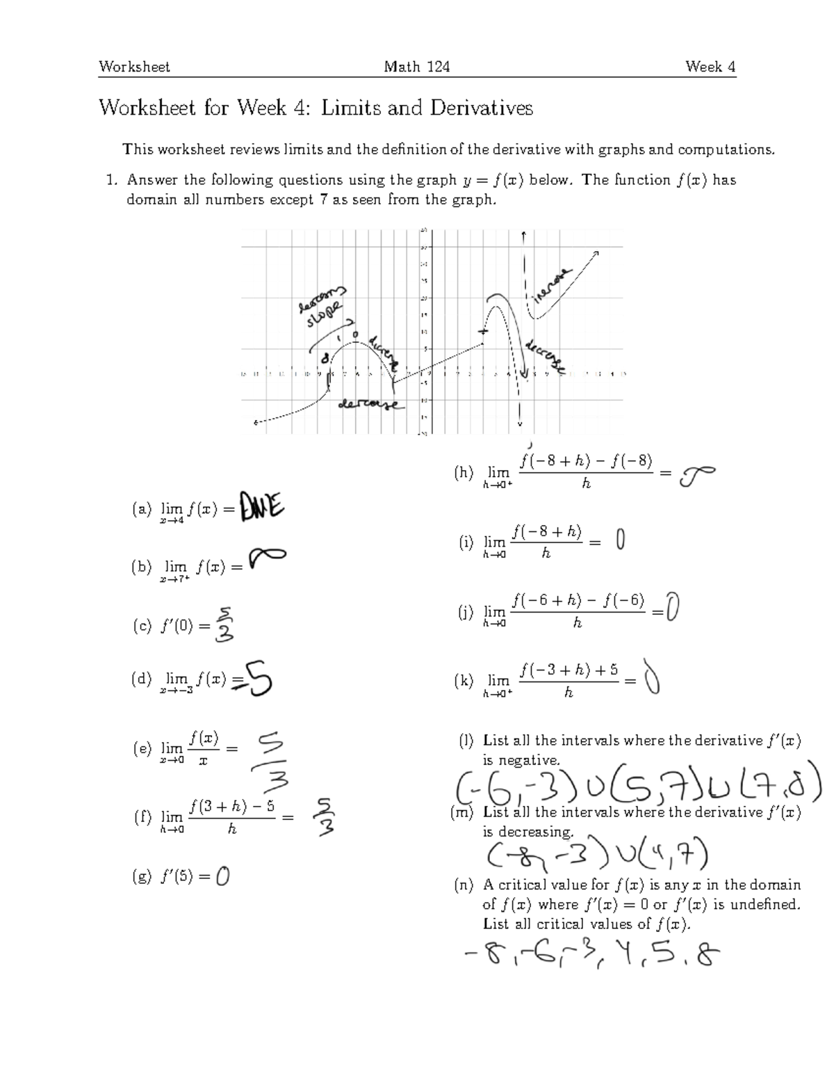 Math 124 week 4 worksheet - Worksheet for Week 4: Limits and Derivatives This worksheet reviews ...
