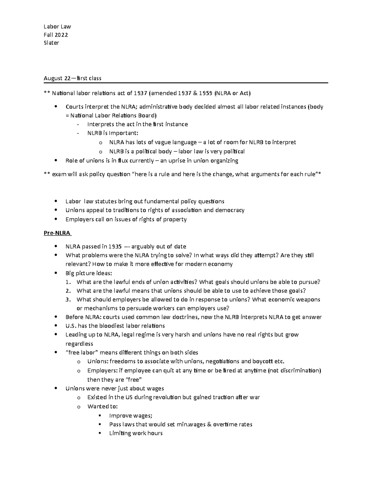 Labor Law 2022 - Professor slater - Fall 2022 Slater August 22—first ...