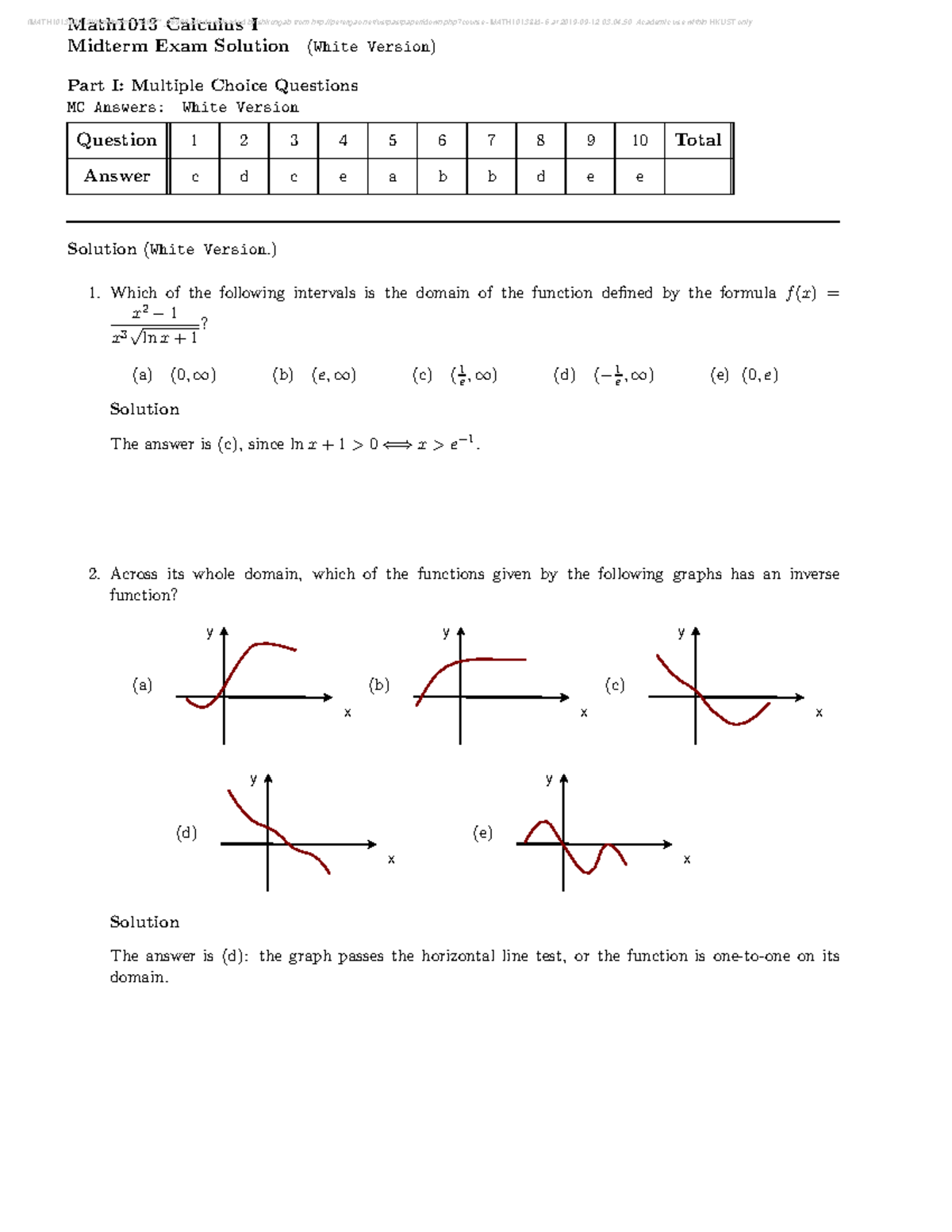Midterm 4 June 2012, questions and answers - Math1013 Calculus I Midterm Exam Solution (White ...