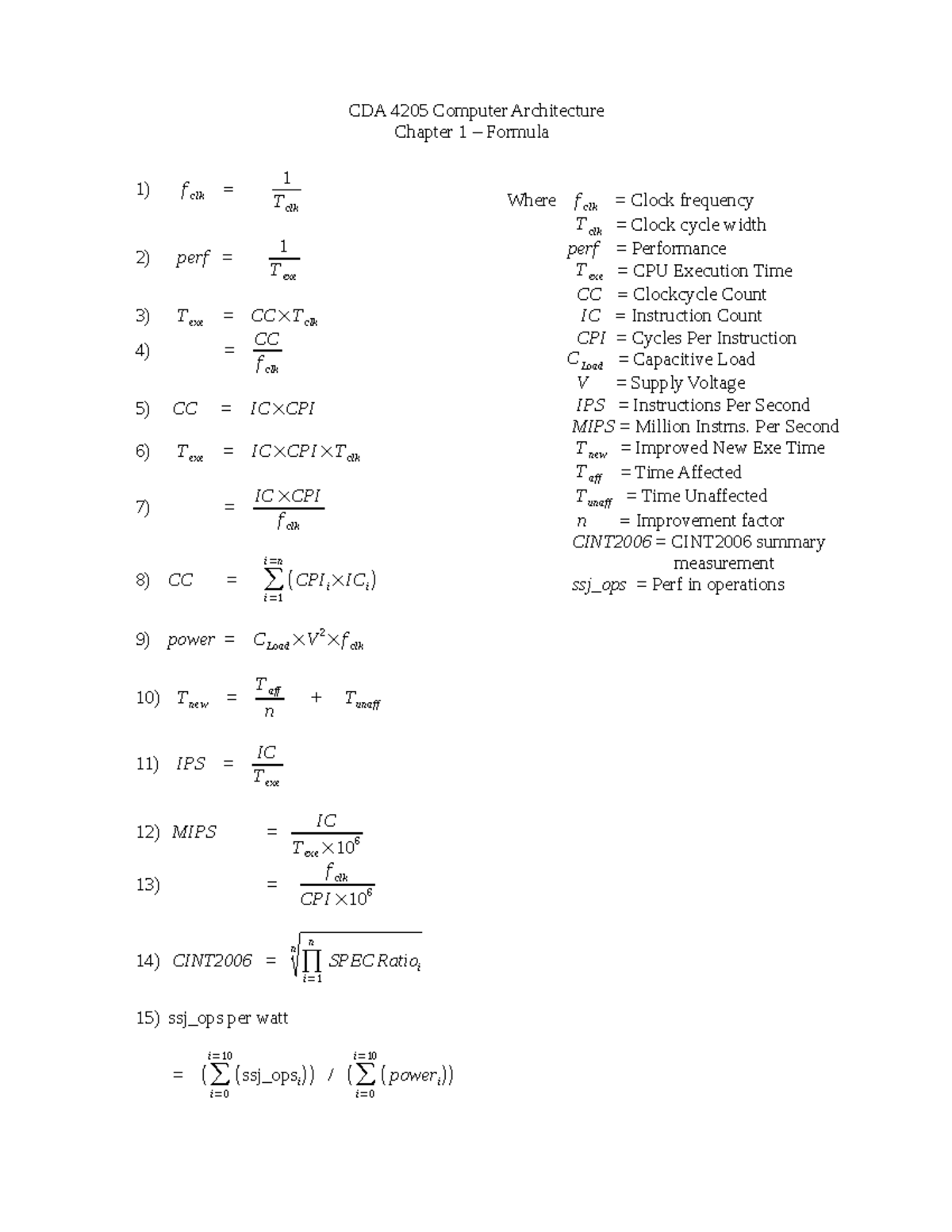Chap1 Formula - Info - CDA 4205 Computer Architecture Chapter 1 ...