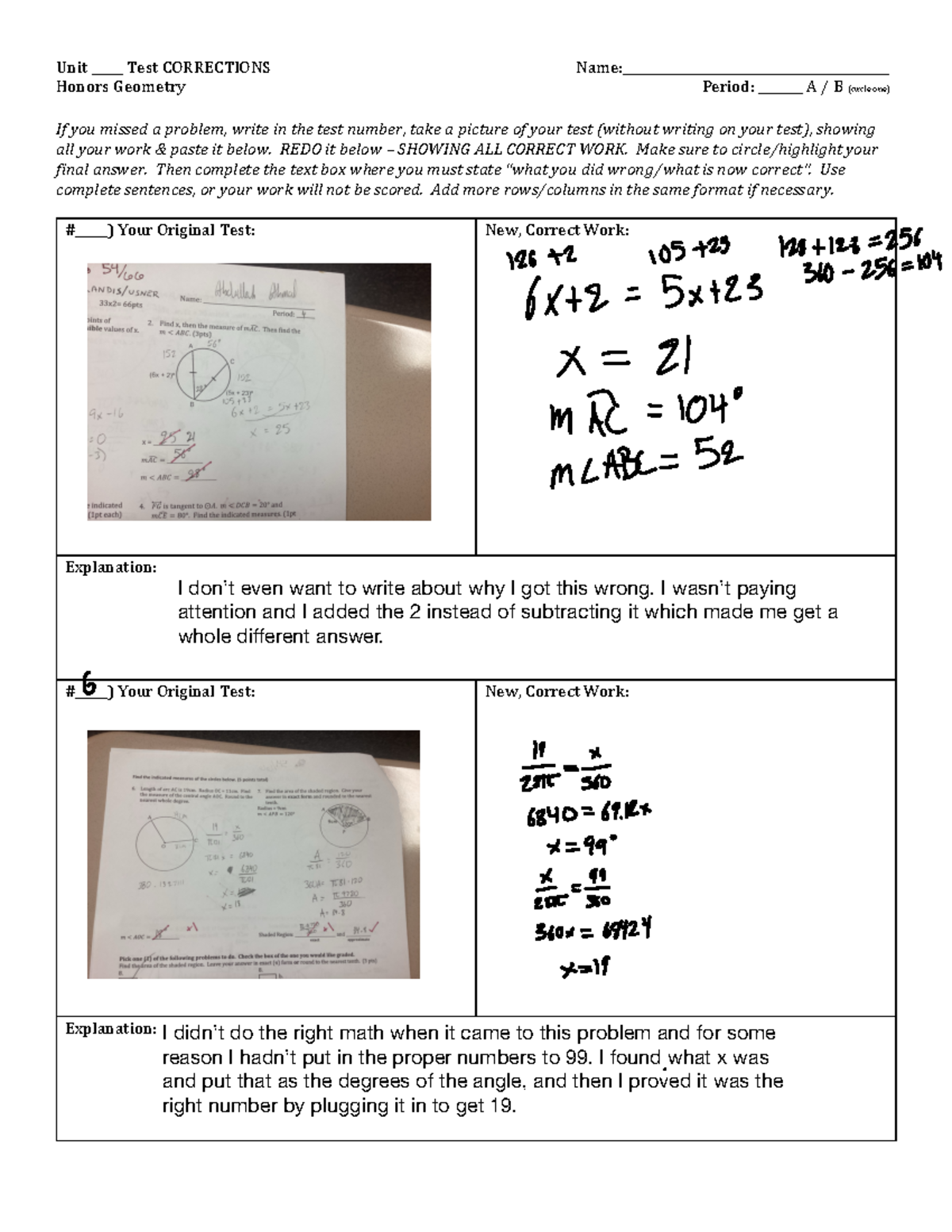 TEST+ Correction+Form - Unit _____ Test CORRECTIONS Name