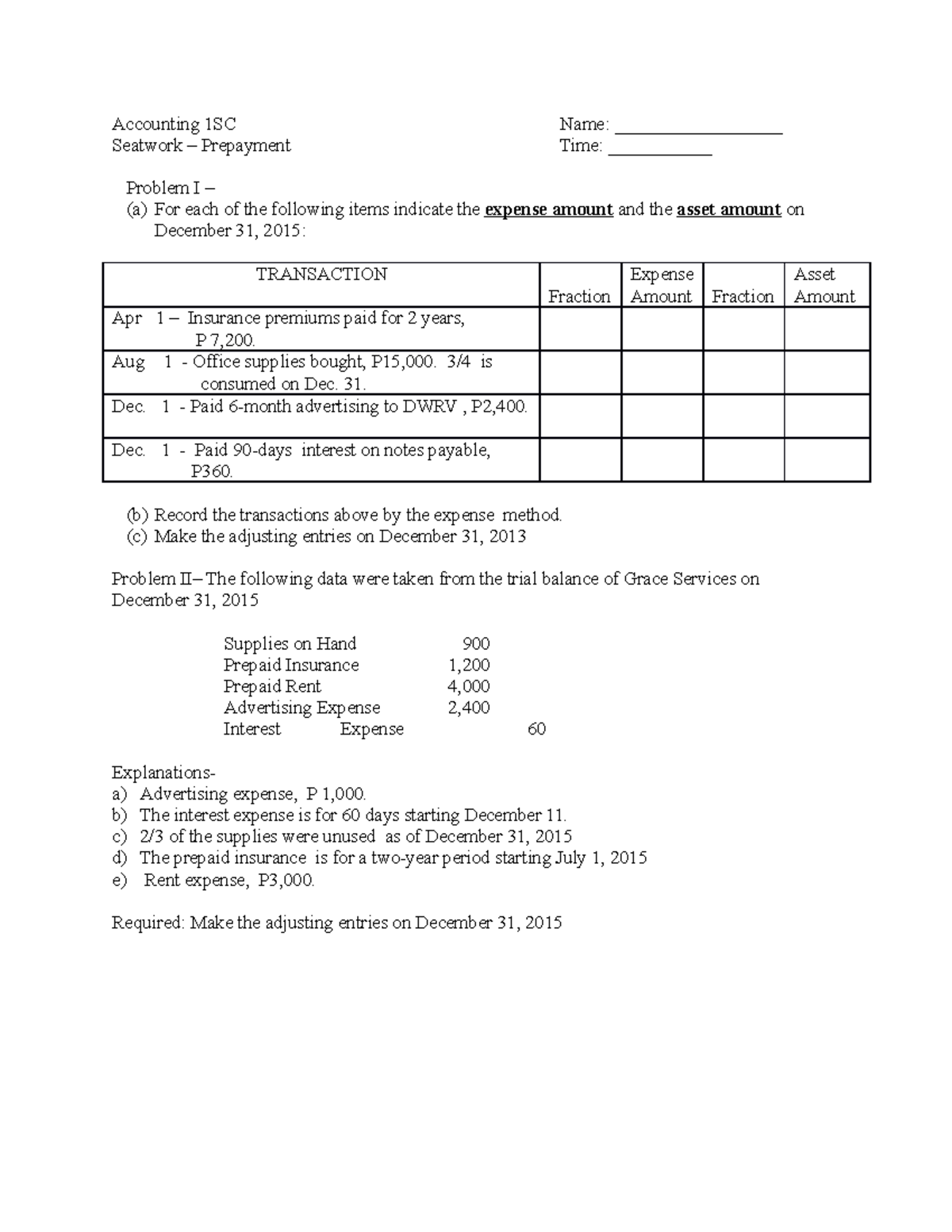 Seatwork - Prepayments - Accounting 1SC Name ...