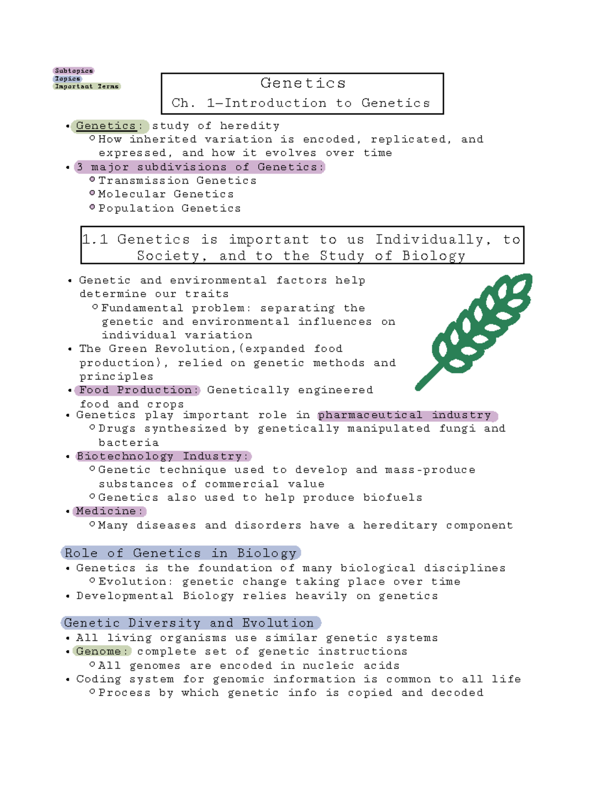 Genetics Ch. 1 Summary - Subtopics Topics Important Terms Ch. 1 ...