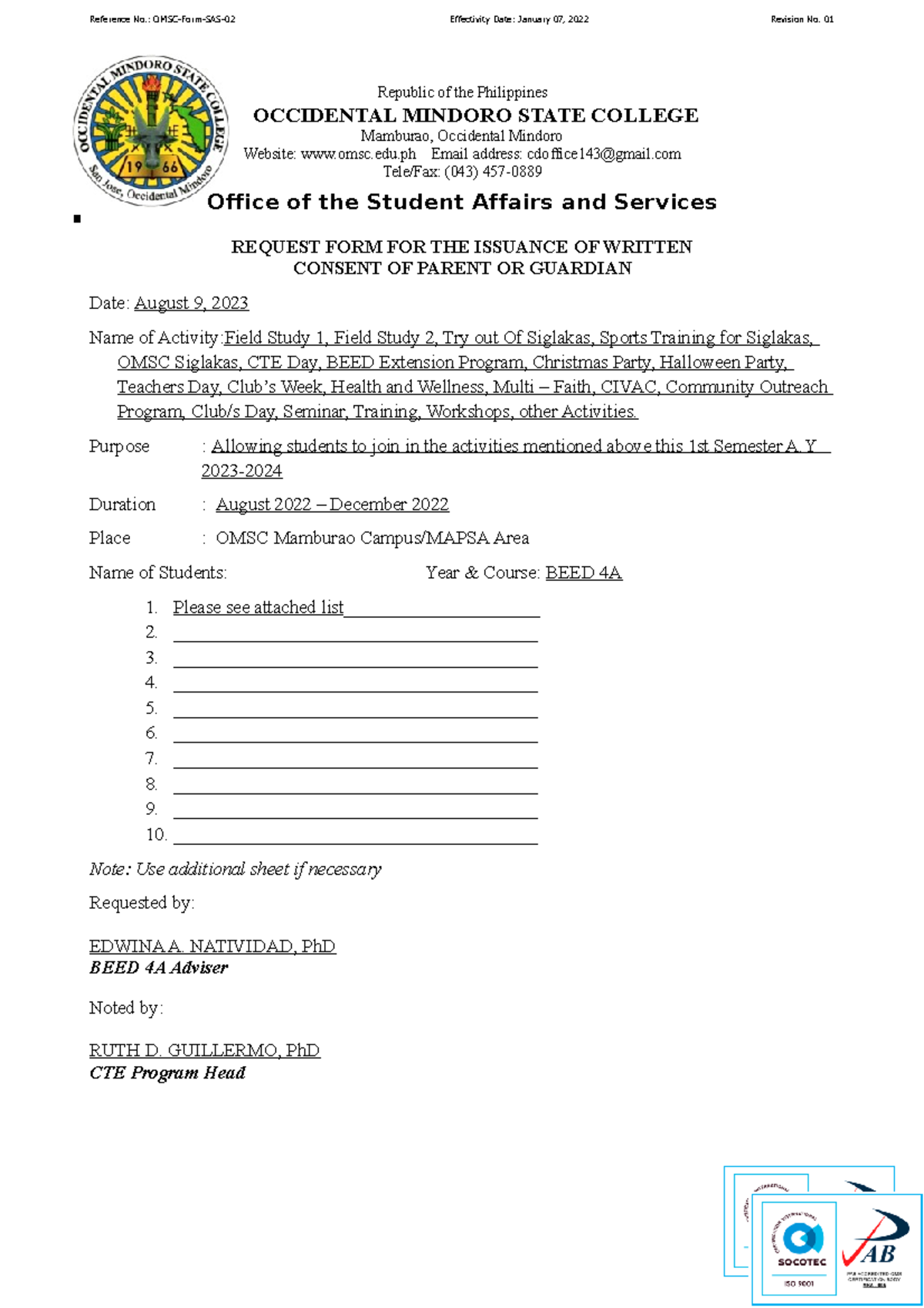 Request Letter FOR Consent - Reference No.: OMSC-Form-SAS-02 ...