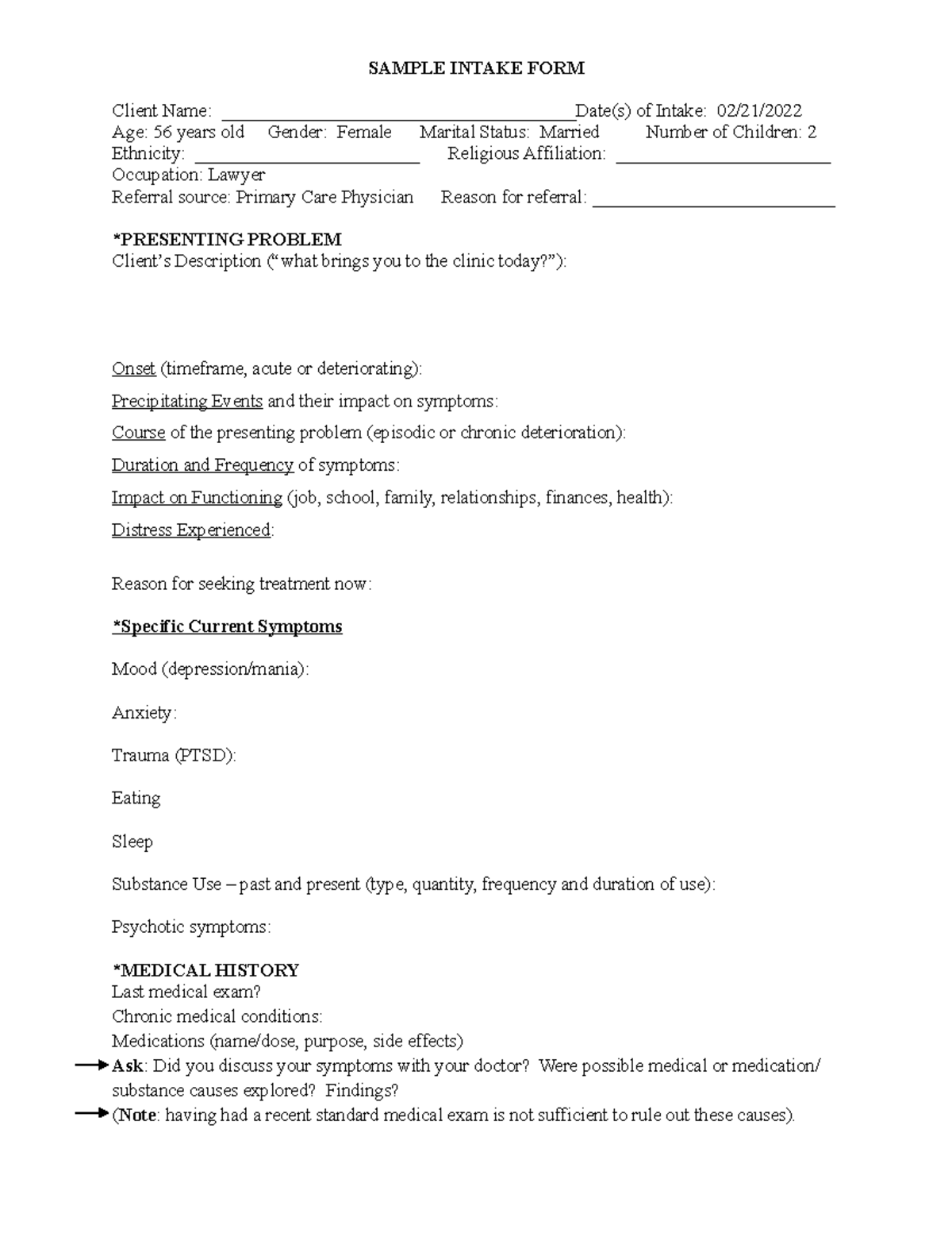 Sample intake form - Assignment - SAMPLE INTAKE FORM Client Name: - Studocu