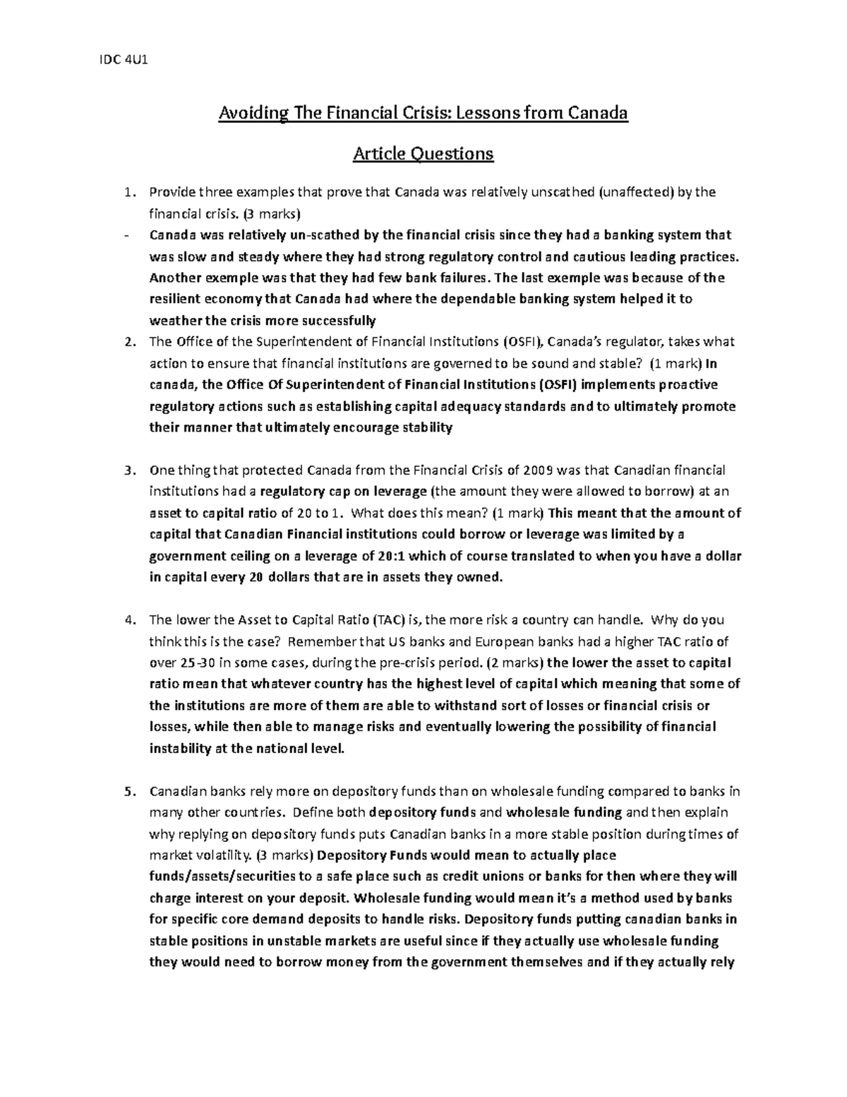 Copy of Avoiding The Financial Crisis Assignment Questions - IDC 4U ...