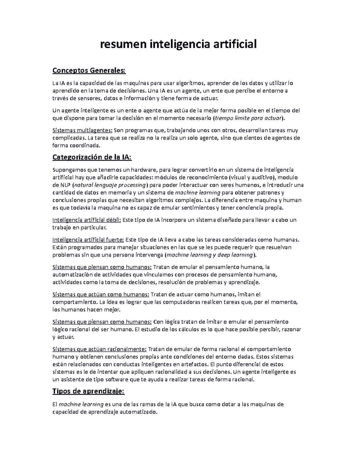Resumen inteligencia artificial - resumen inteligencia artificial Conceptos Generales: La IA es ...
