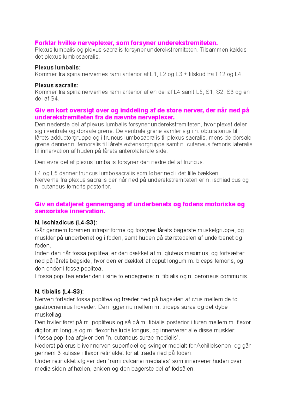 Disposition til underekstremitetens nerver i den mundtlige i eksamen ...