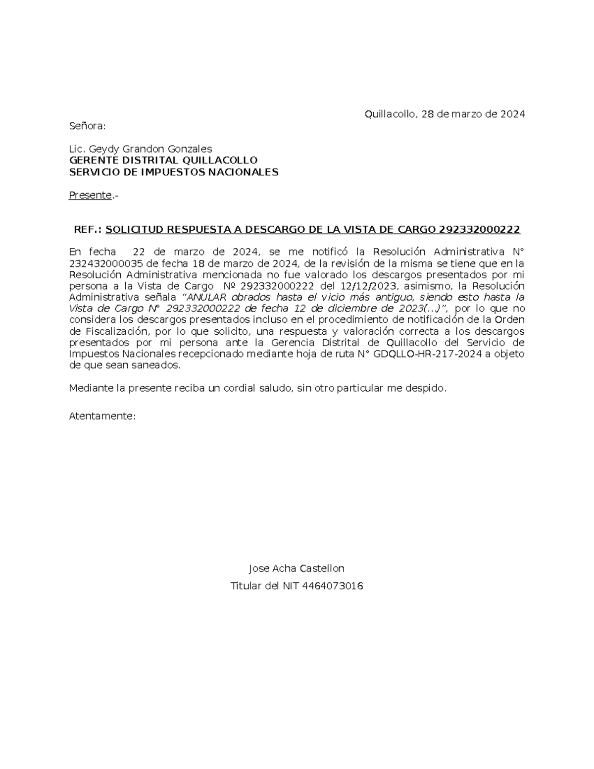 Solicitud MOD RA1 - modelo para solicitar una respuesta de descargo a ...