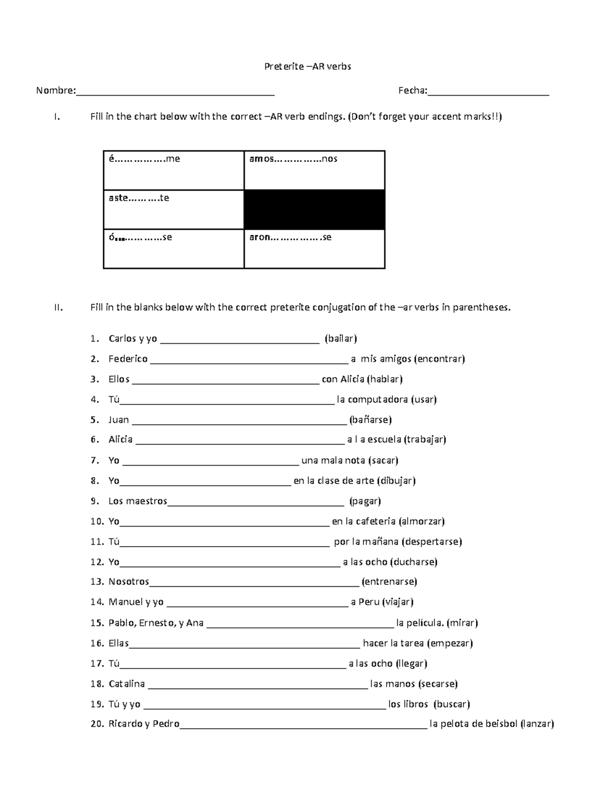 Spanish Preterite ARVerbs Worksheet-1 - Preterite –AR verbs - Studocu
