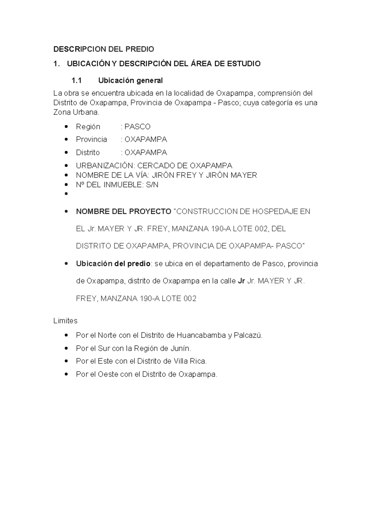 Descripcion DEL Predio - DESCRIPCION DEL PREDIO 1. UBICACIÓN Y ...