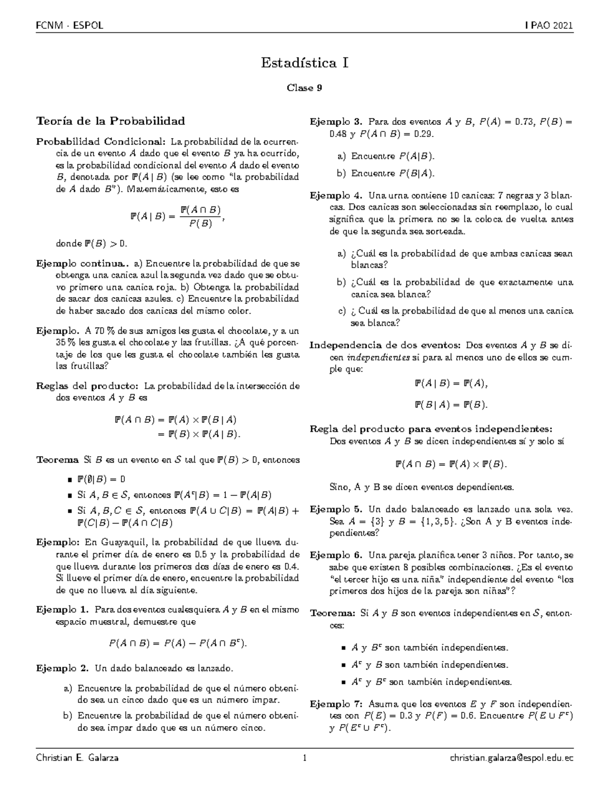 Clase 09 Est1 Christian Galarza 2021 - FCNM - ESPOL I PAO 2021 Estad ́ıstica I Clase 9 Teor ́ıa ...