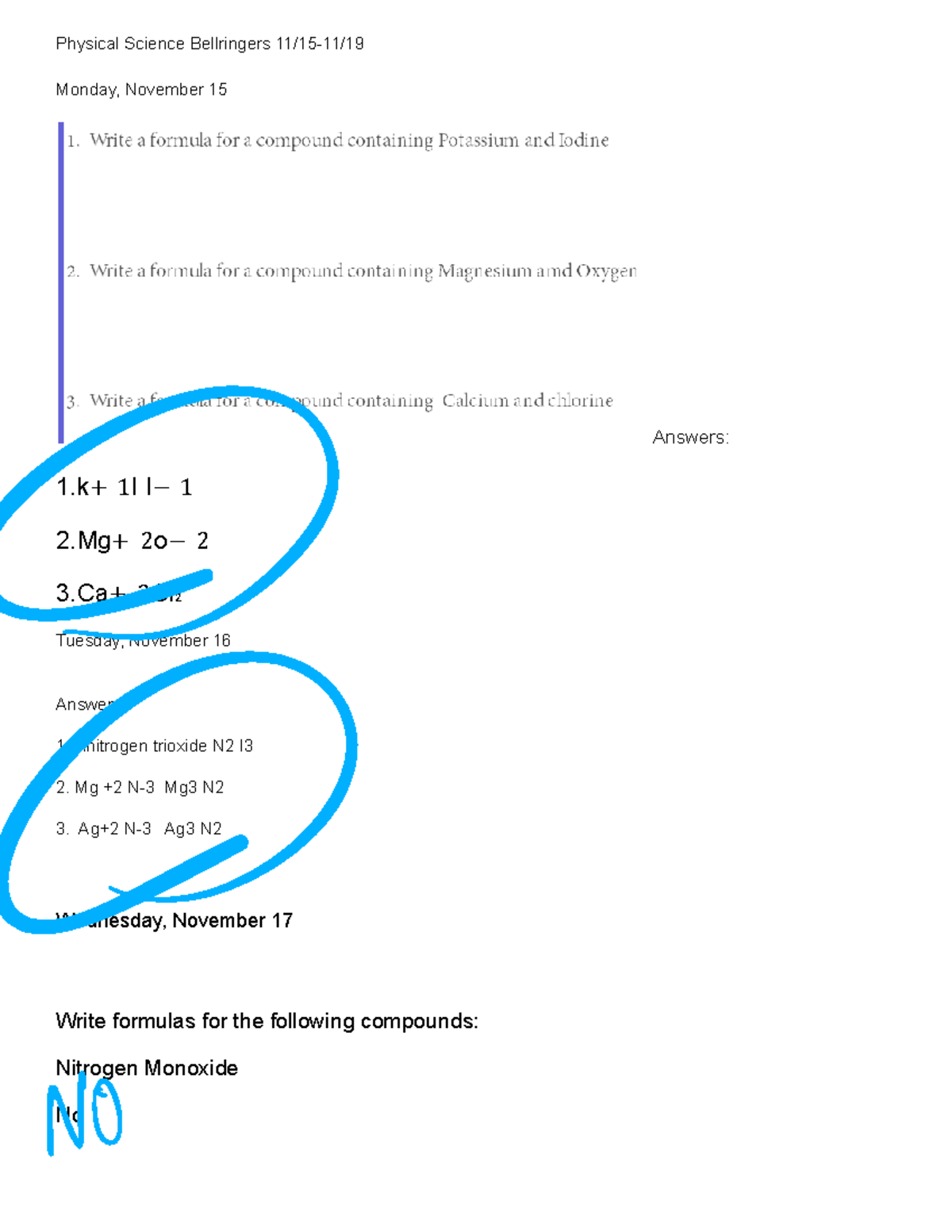 PS bellringers - Physical Science Bellringers 11 / 15 - 11 / 19 Monday ...