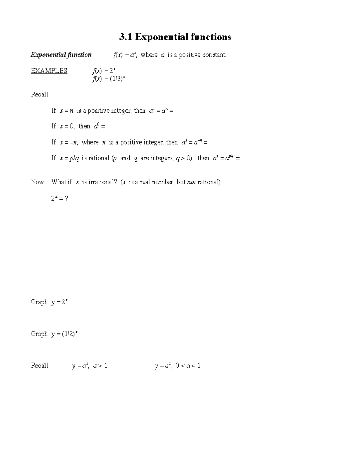 Lecture Notes Lecture 3 3 Exponential Functions Exponential Function F X Ax Where A Is A