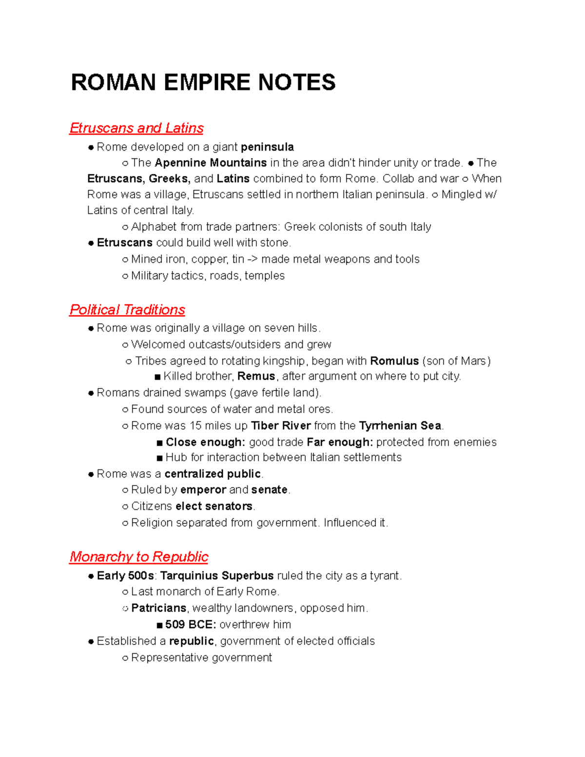 Rome Notes - ROMAN EMPIRE NOTES Etruscans and Latins Rome developed on ...