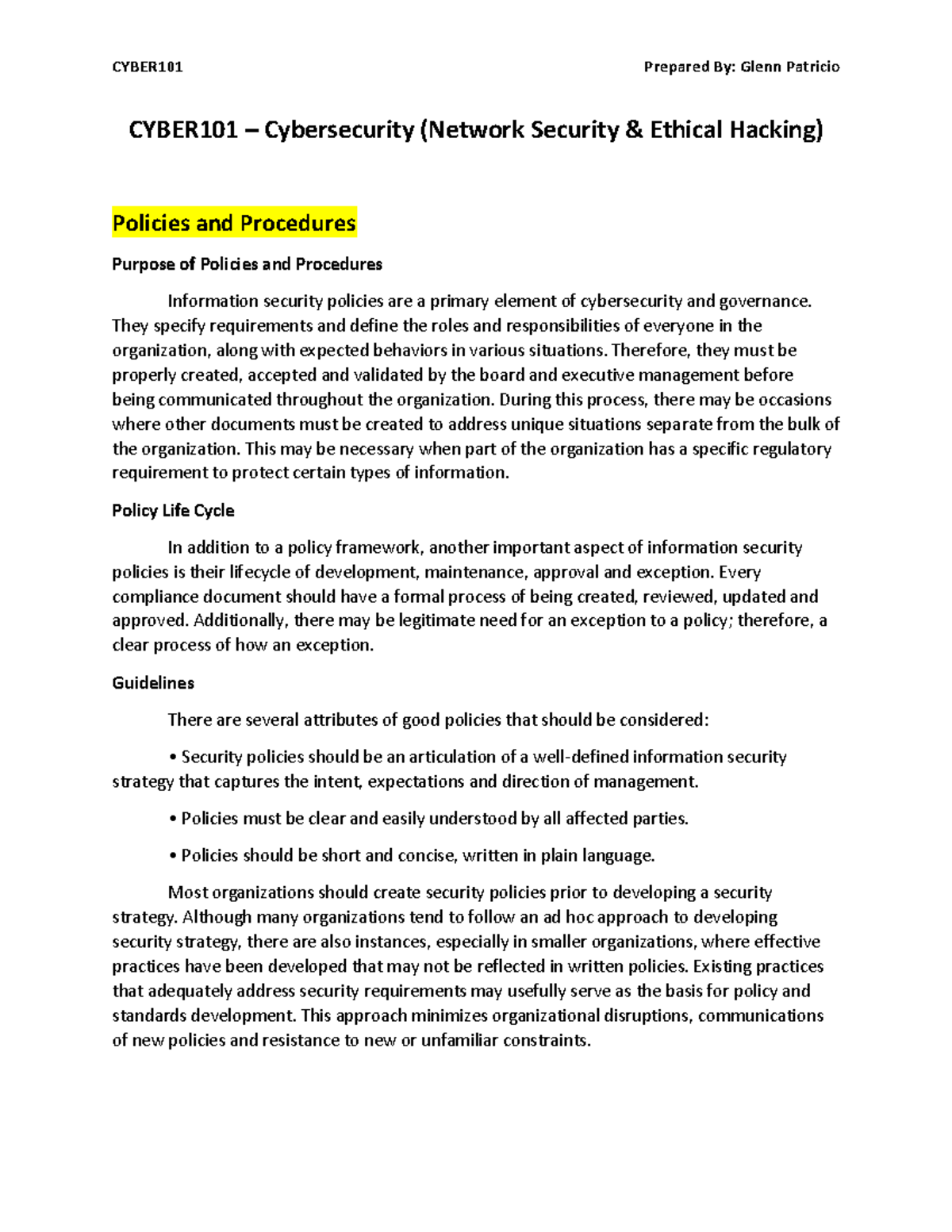 Cyber 101 Policies-and-Procedures Cybersecurity-Controls - CYBER101 ...