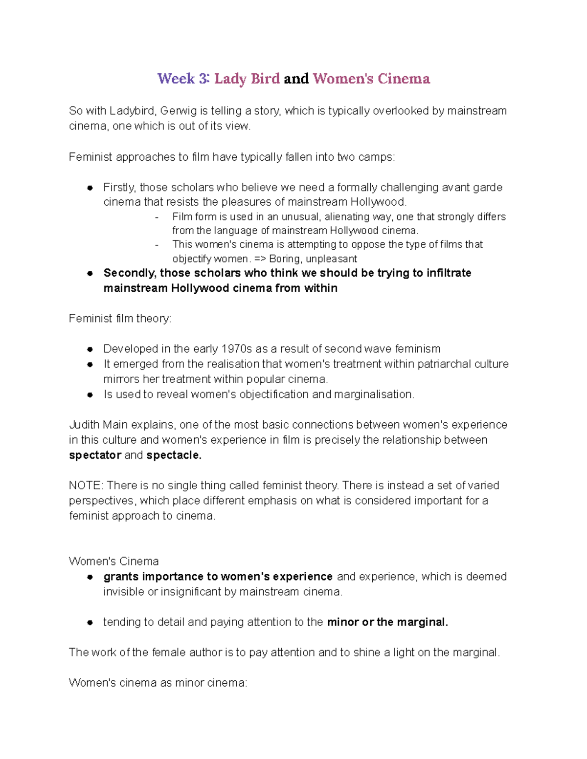 Week 3 Lady Bird and Women's Cinema MULT10017 Lecture note - Week 3 ...